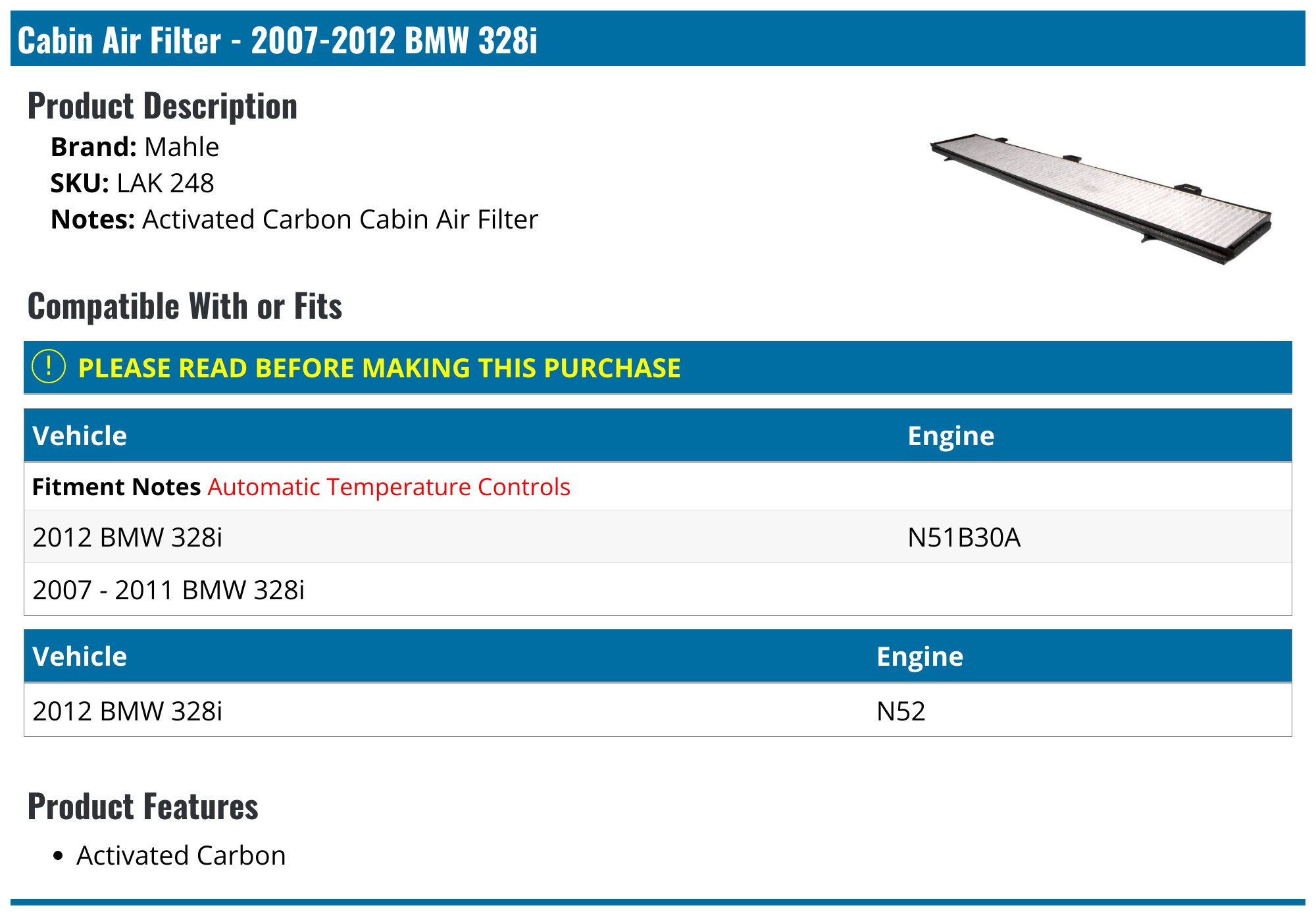 2007-2012 BMW 328i Cabin Air Filter - Mahle LAK 248 - PartsGeek.com