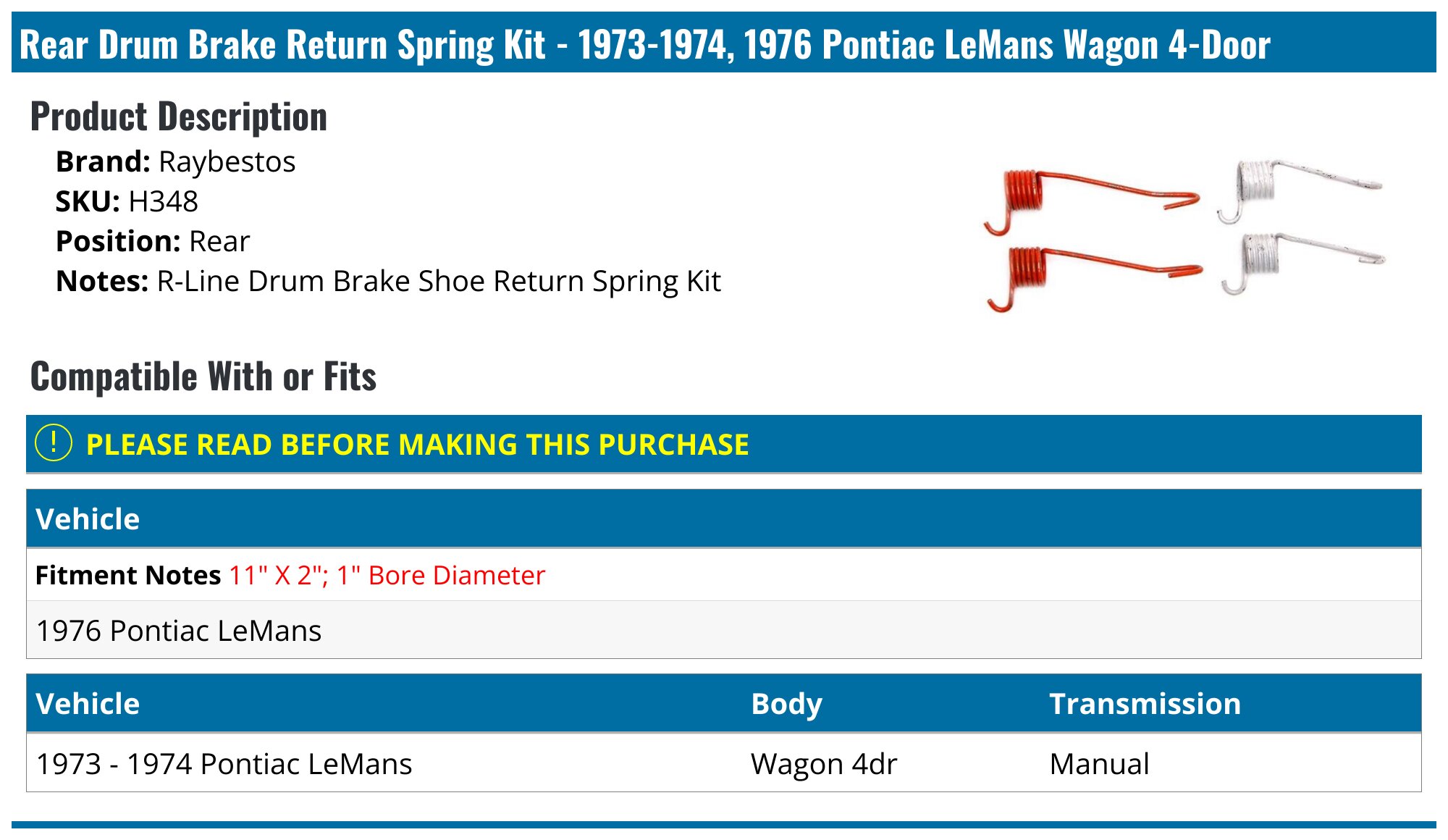 1976 Pontiac LeMans Drum Brake Return Spring Kit - Raybestos H348 ...