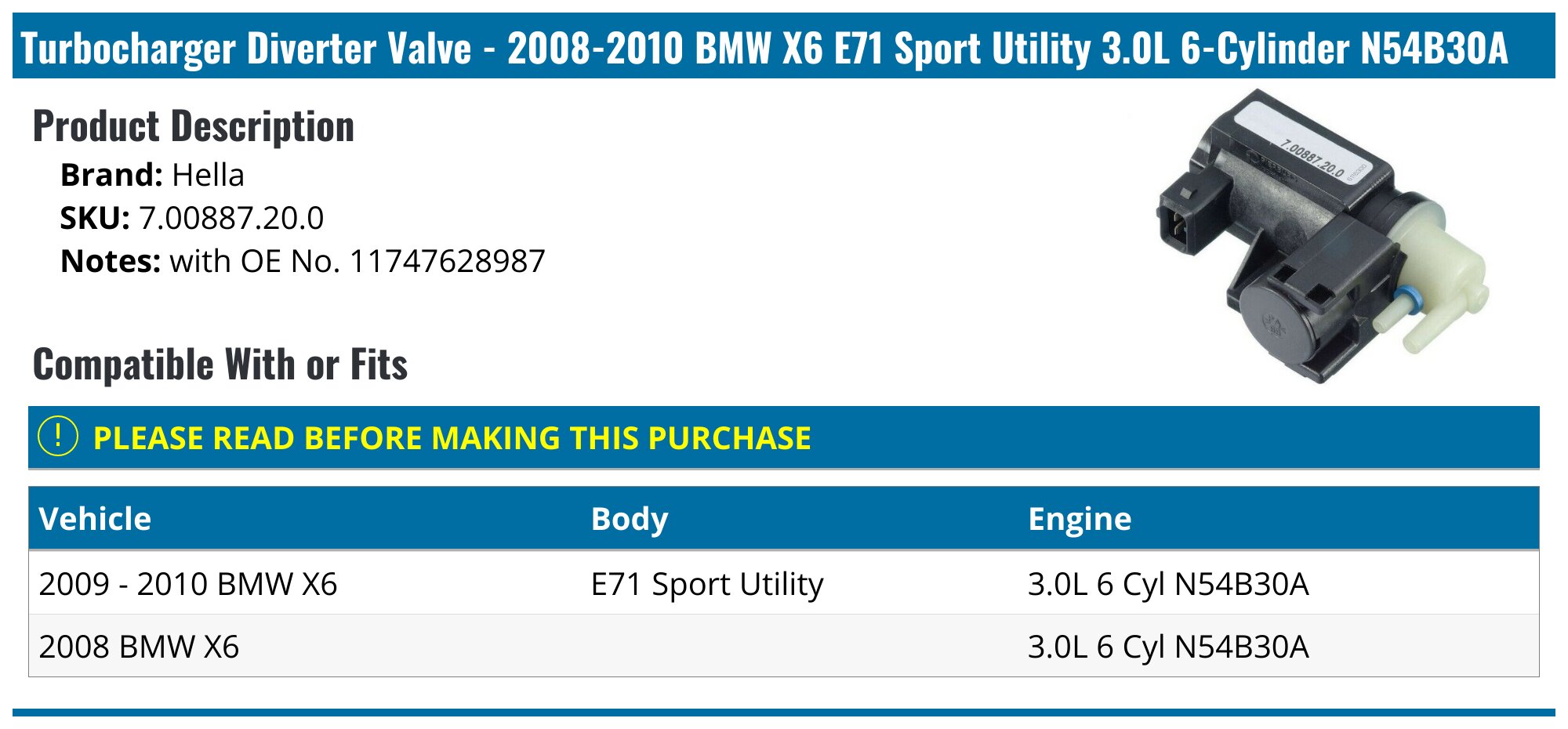 2008-2010 BMW X6 Turbocharger Boost Control Valve - Hella 7.00887.20.0 ...