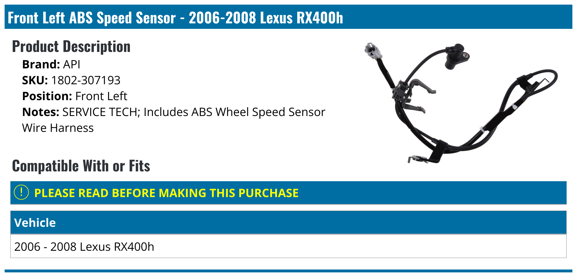 2006-2008 Lexus RX400h ABS Speed Sensor - API 18578-07394826 - Front ...