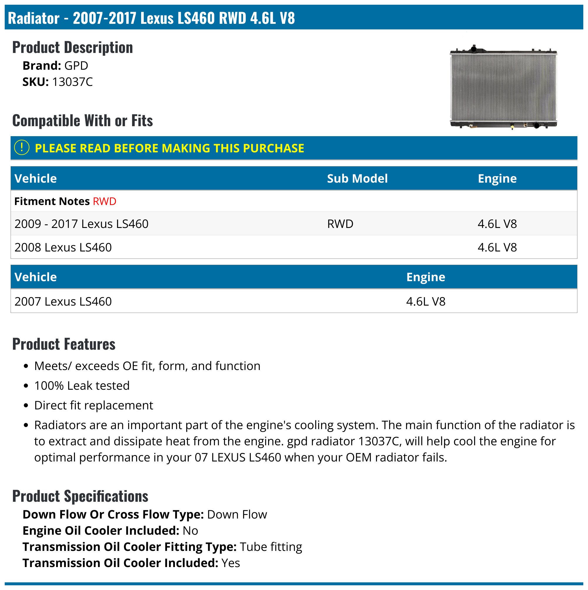 2007-2017 Lexus LS460 Radiator - GPD 13037C - PartsGeek.com
