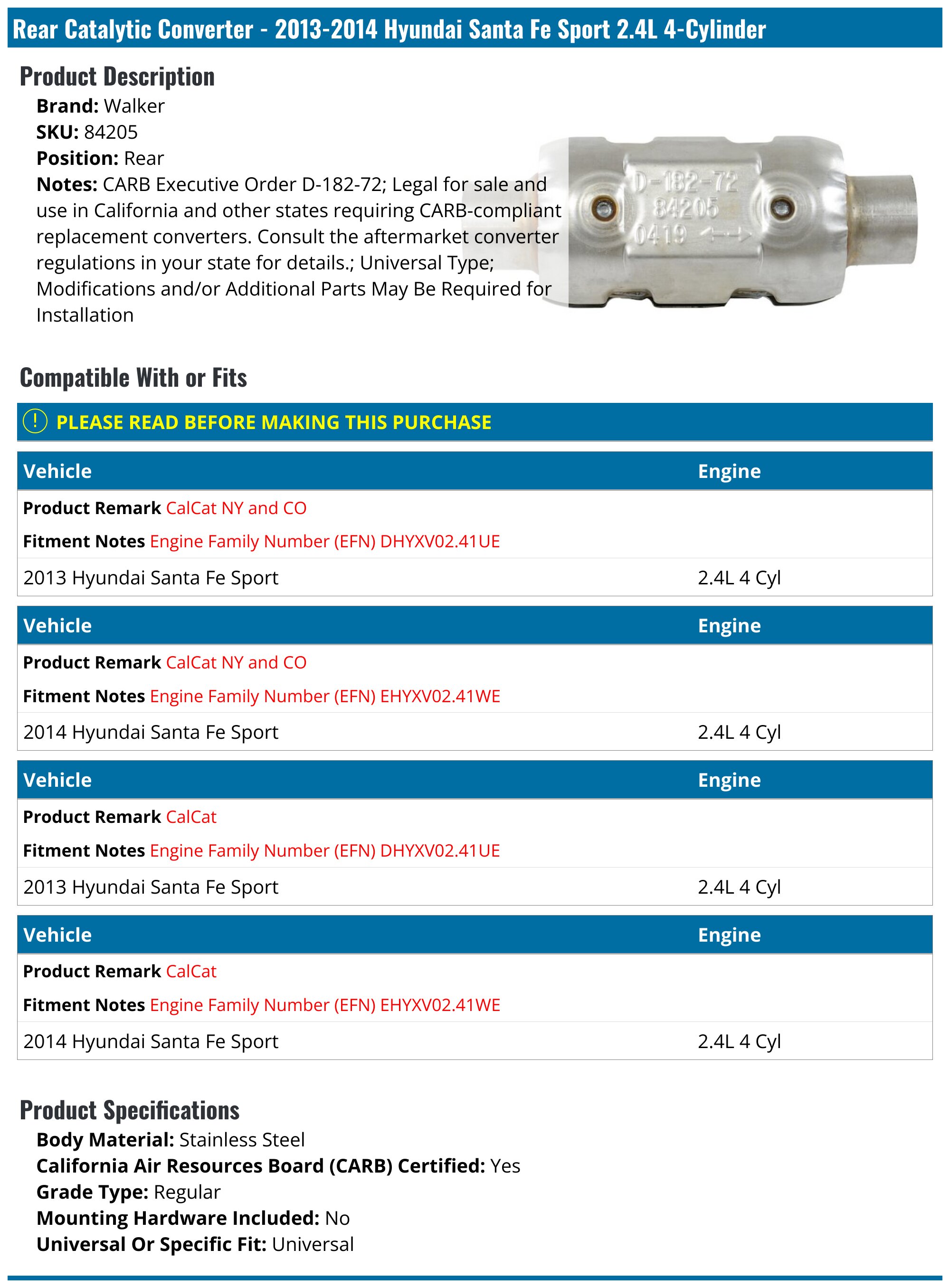 2013-2014 Hyundai Santa Fe Sport Catalytic Converter - Walker 84205 ...