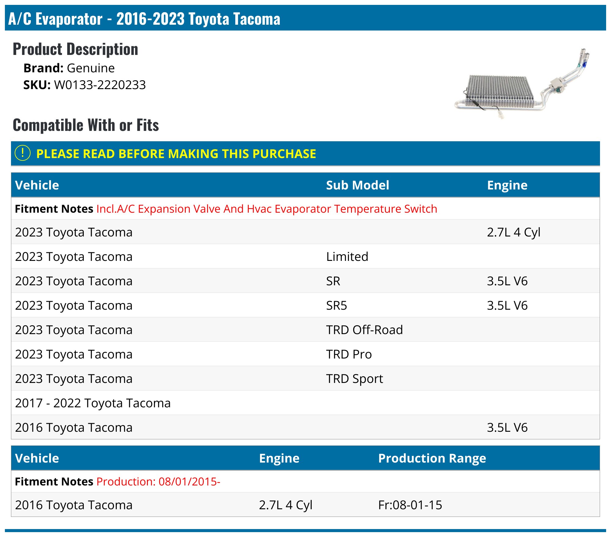 2016-2023 Toyota Tacoma A/C Evaporator - Genuine W0133-2220233 ...