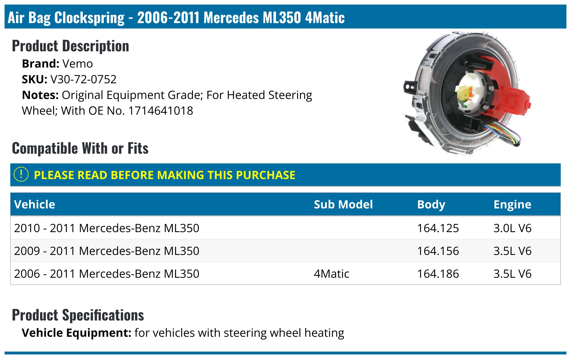 2006-2011 Mercedes ML350 Air Bag Clockspring - Vemo V30-72-0752 ...
