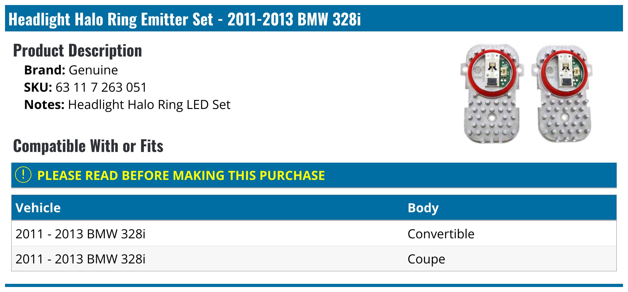 2011-2013 BMW 328i Headlight Halo Ring Emitter Set - Genuine 63 11 7 ...