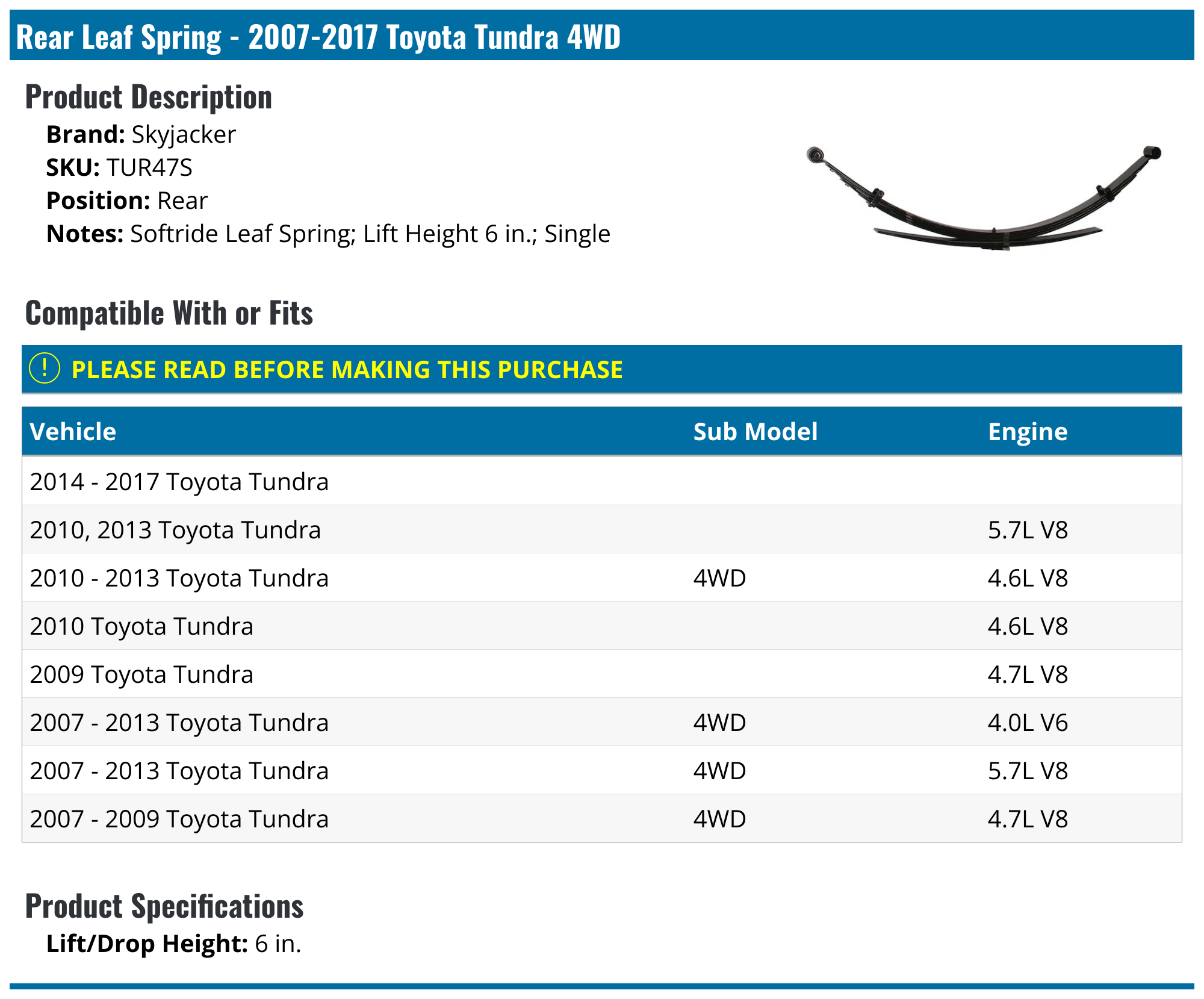 2007-2017 Toyota Tundra Leaf Spring - Skyjacker TUR47S - Rear ...