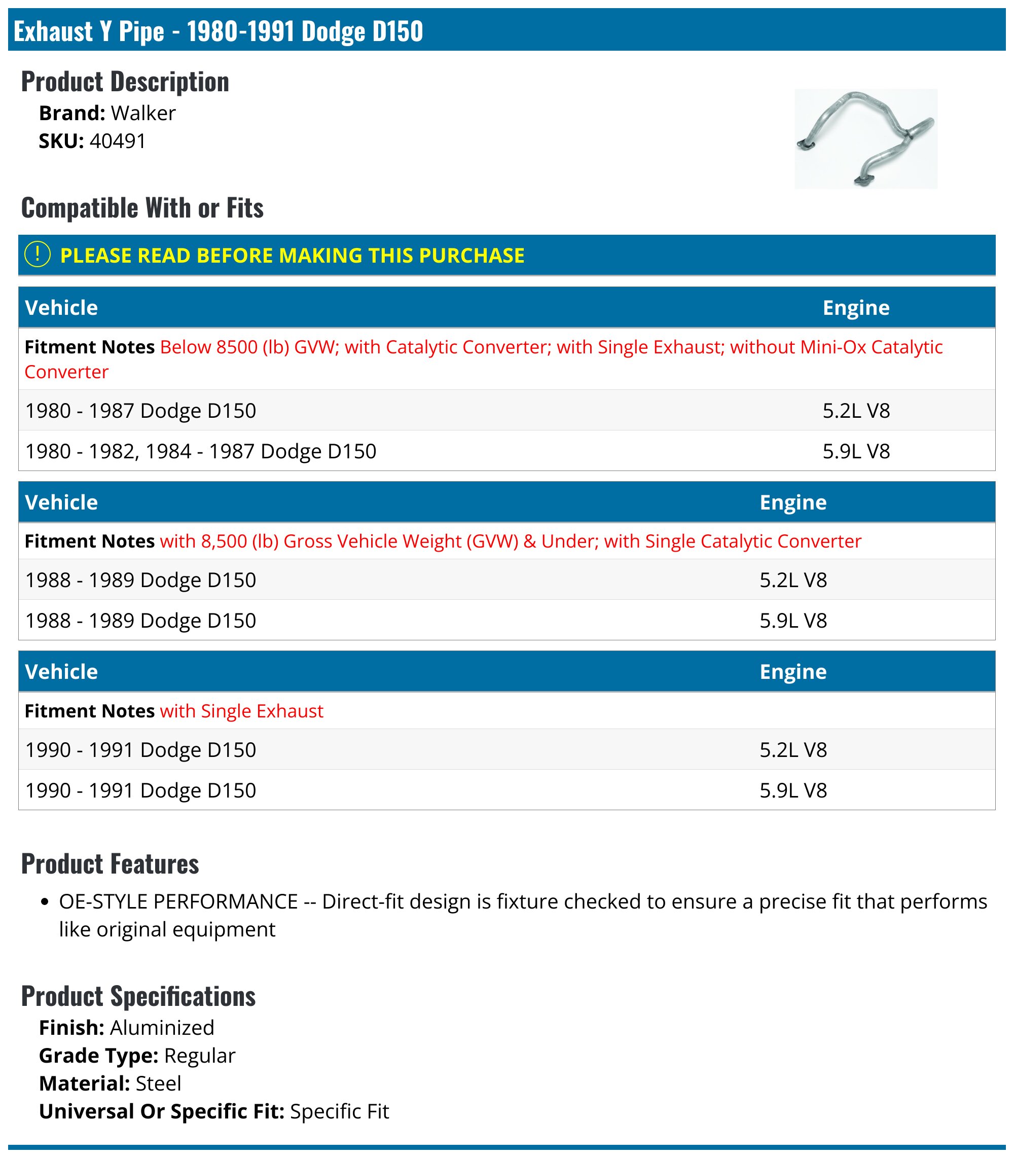 1980-1991 Dodge D150 Exhaust Y Pipe - Walker 40491 - PartsGeek.com