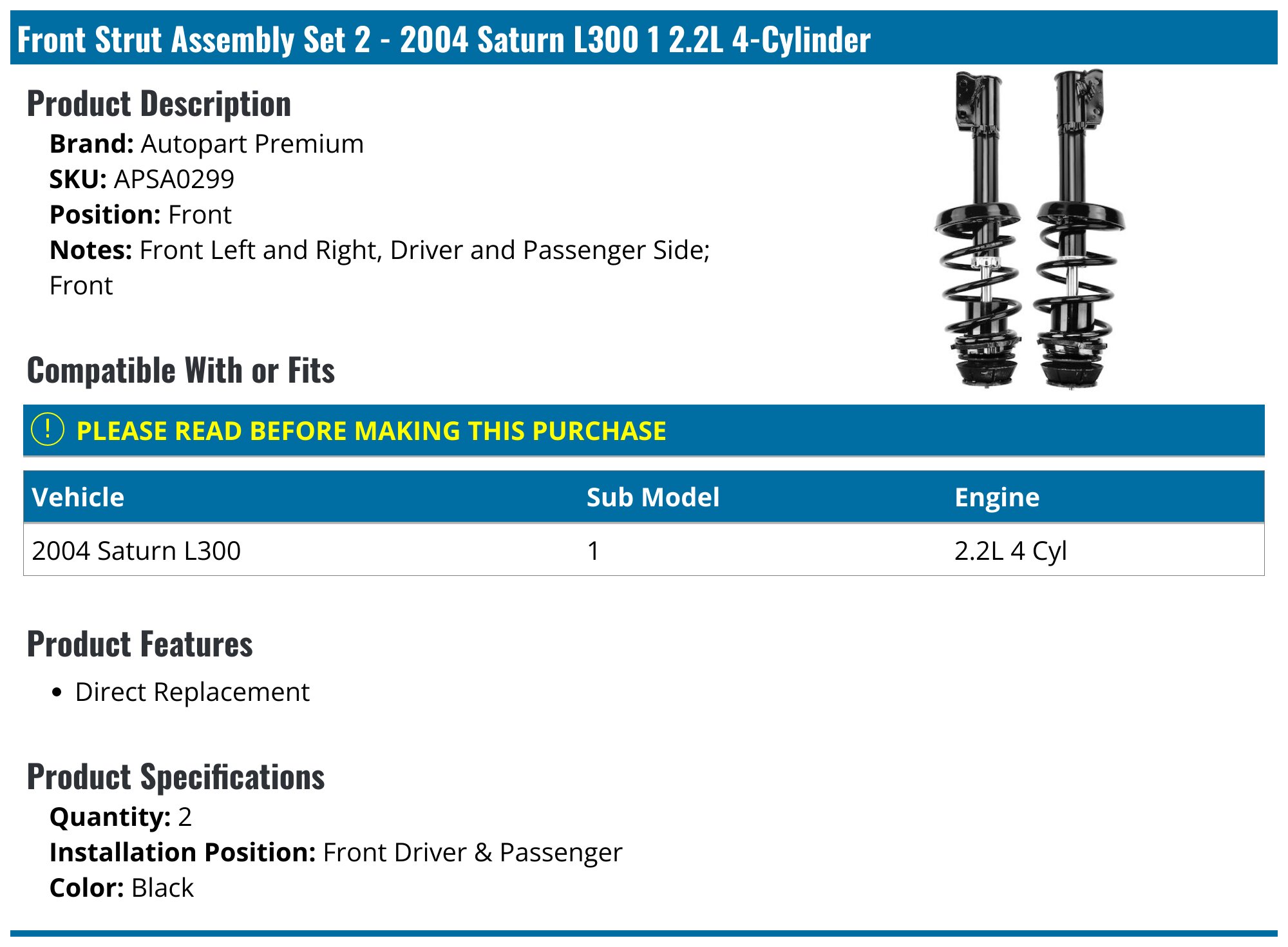 2004 Saturn L300 Strut Assembly - Autopart Premium APSA0299 - Front ...