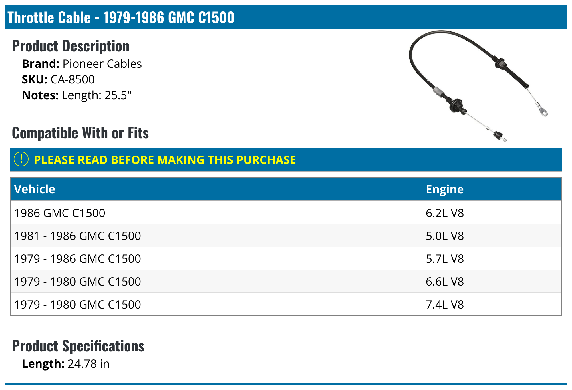 1979-1986 GMC C1500 Throttle Cable - Pioneer Cables CA-8500 - PartsGeek.com