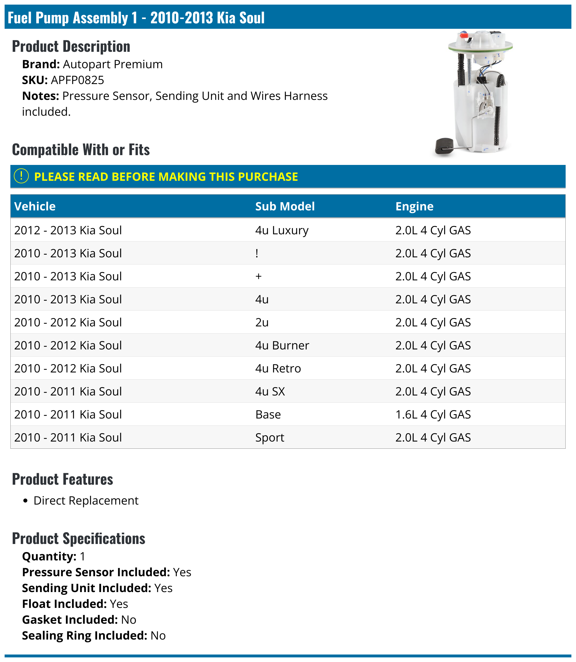 2010-2013 Kia Soul Fuel Pump - Autopart Premium APFP0825 - PartsGeek.com
