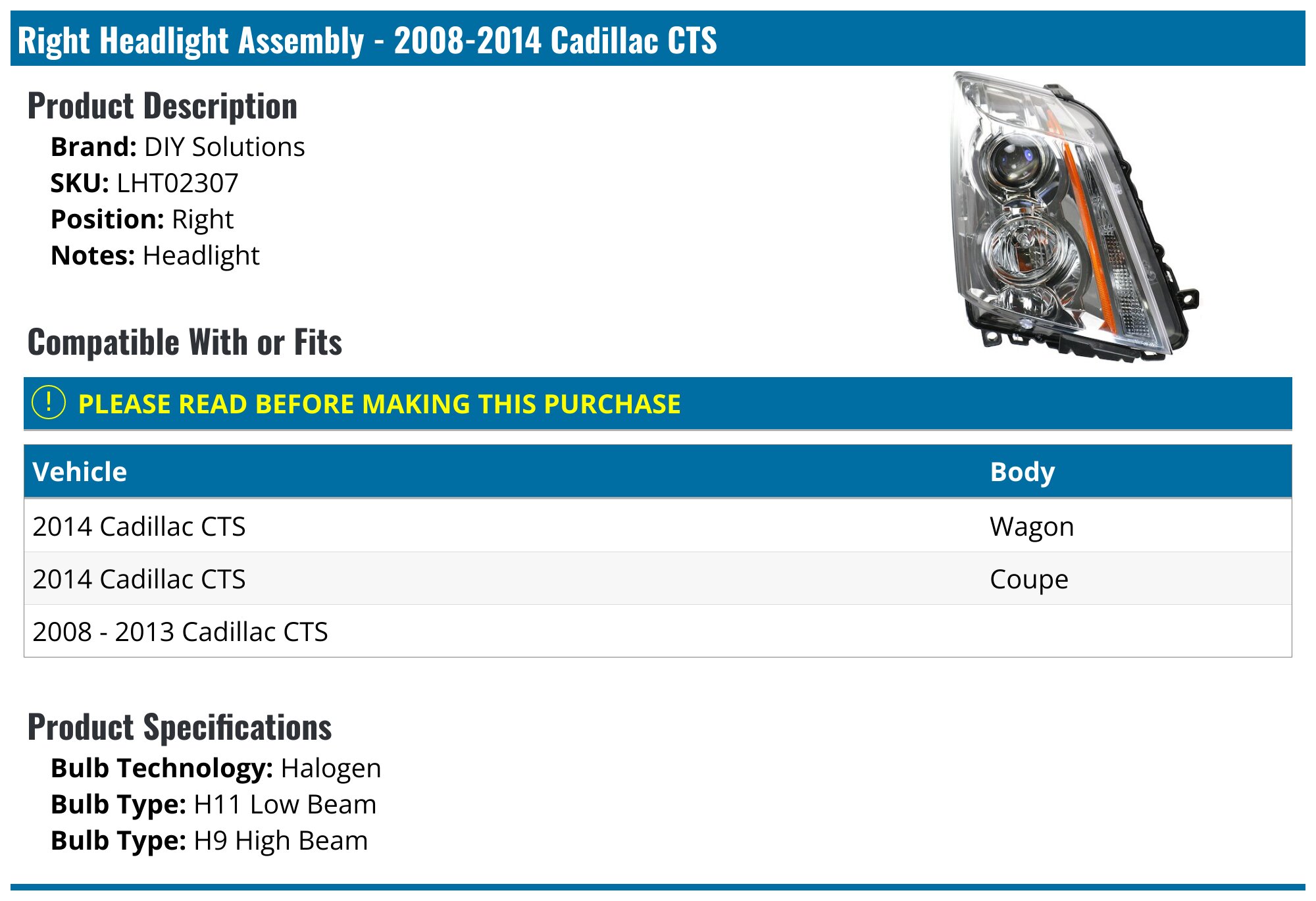 2008-2014 Cadillac CTS Headlight Assembly - DIY Solutions LHT02307 ...