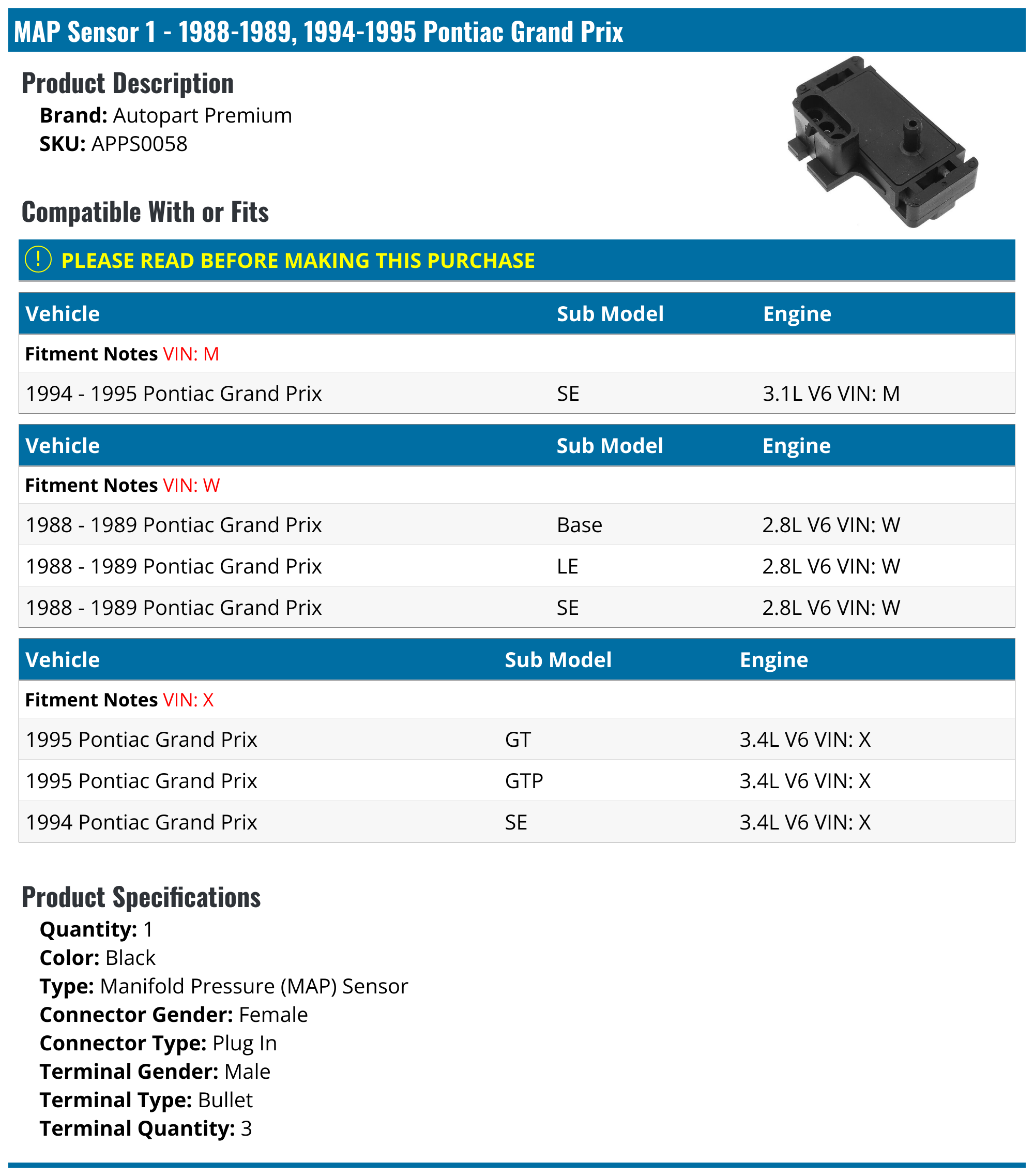 1988-1989, 1994-1995 Pontiac Grand Prix MAP Sensor - Autopart Premium ...