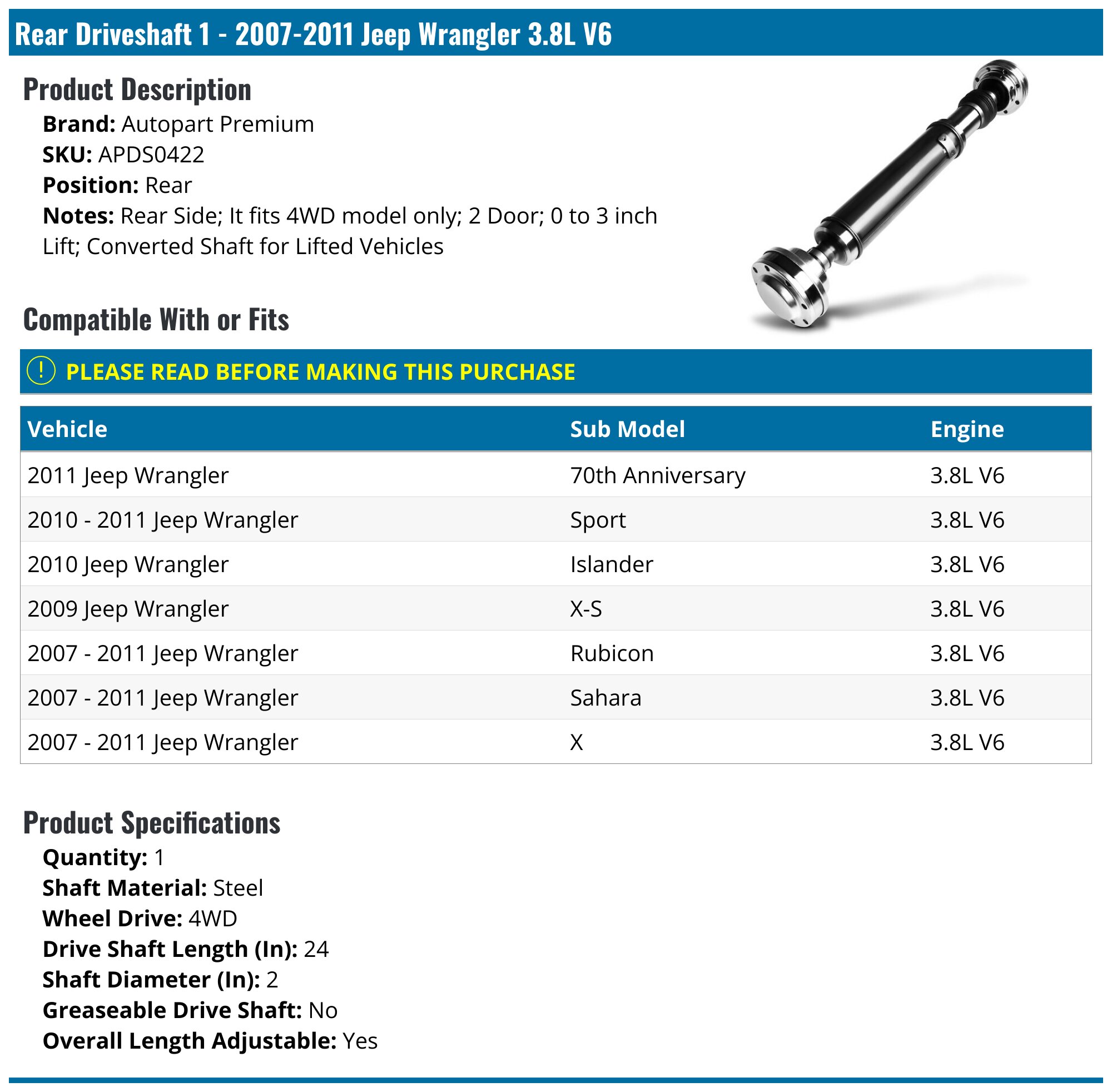 2007-2011 Jeep Wrangler Drive Shaft - Autopart Premium APDS0422 - Rear ...