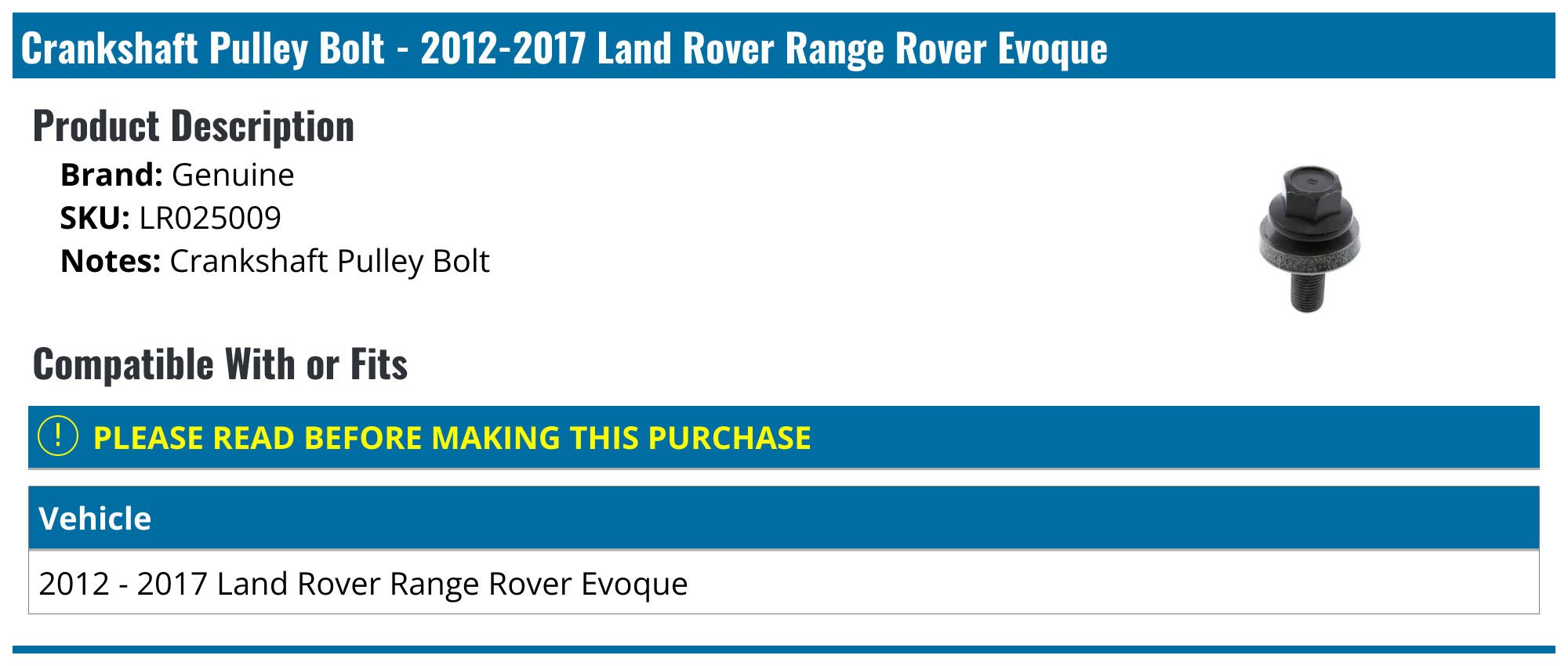 2012-2017 Land Rover Range Rover Evoque Crankshaft Pulley Bolt ...