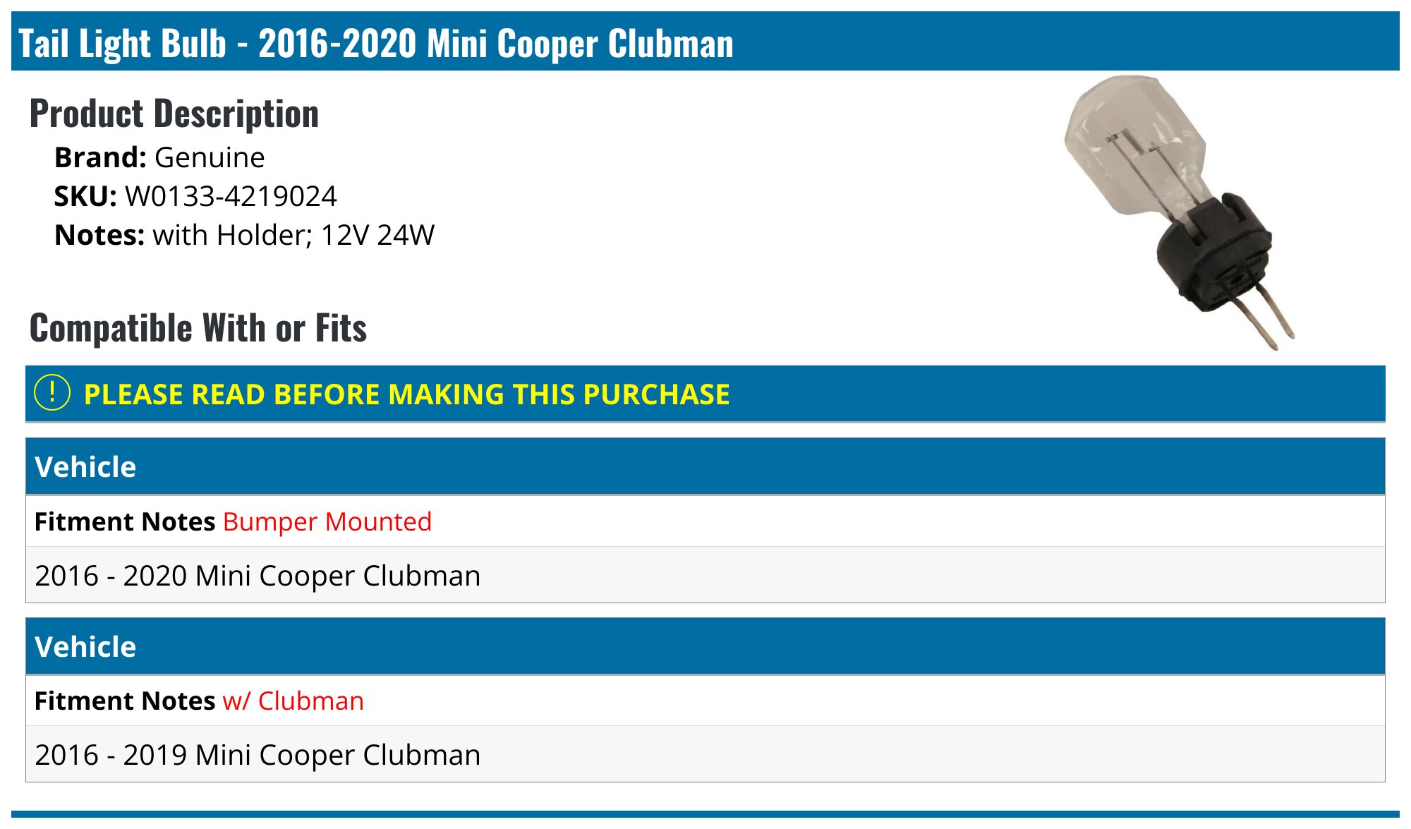 2016-2019 Mini Cooper Clubman Tail Light Bulb - Genuine W0133-4219024 ...