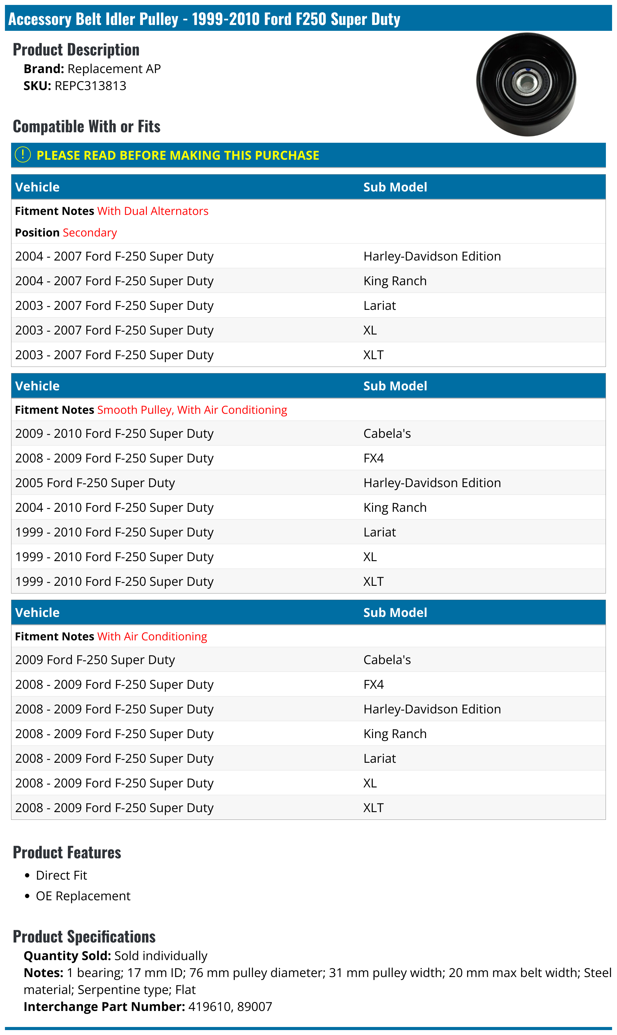 1999-2016 Ford F250 Super Duty Accessory Belt Tensioner - Replacement ...