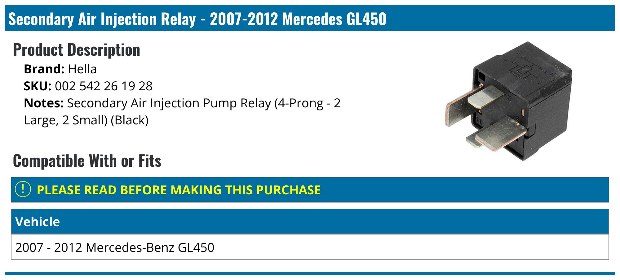 2007-2012 Mercedes GL450 Secondary Air Injection Relay - Hella 002 542 ...