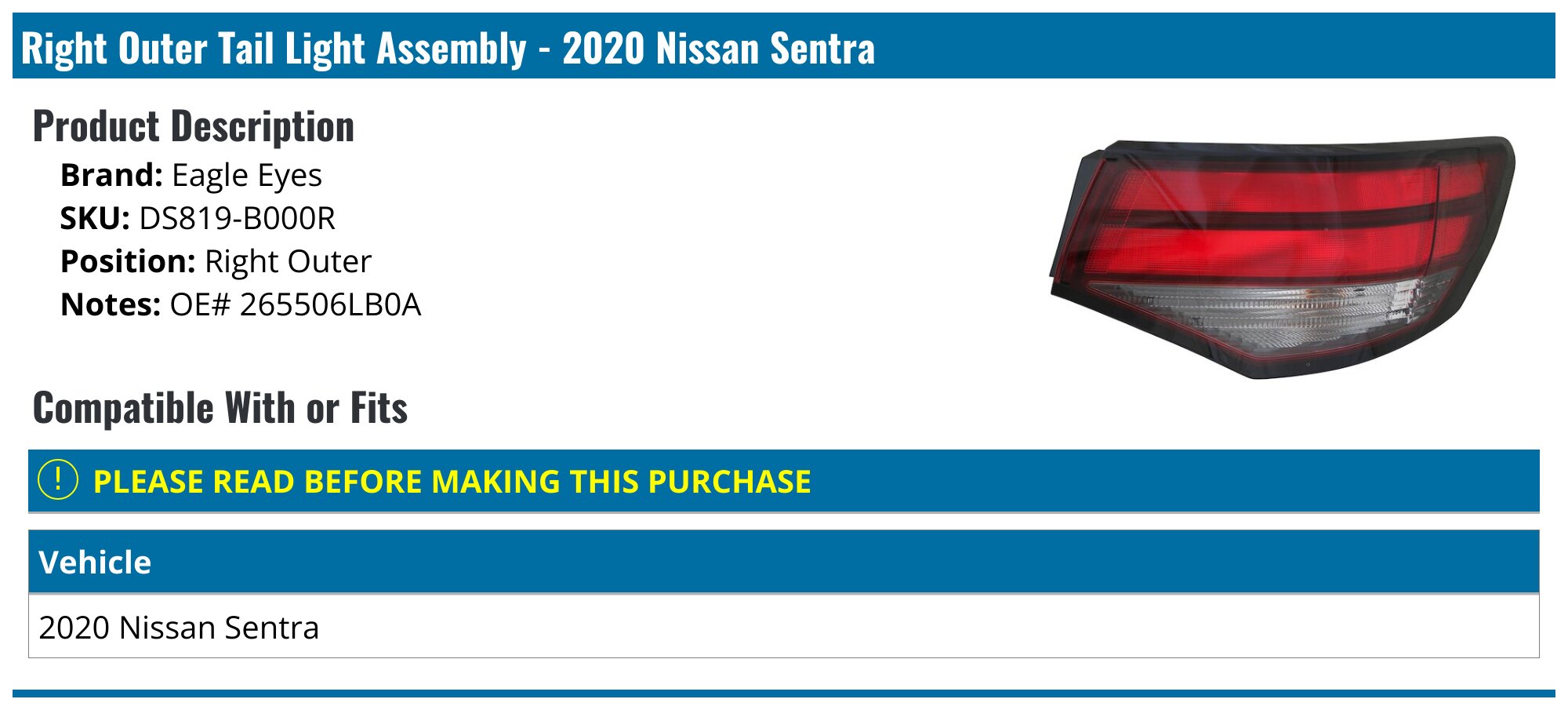 2020-2021 Nissan Sentra Tail Light Assembly - Eagle Eyes DS819-B000R ...