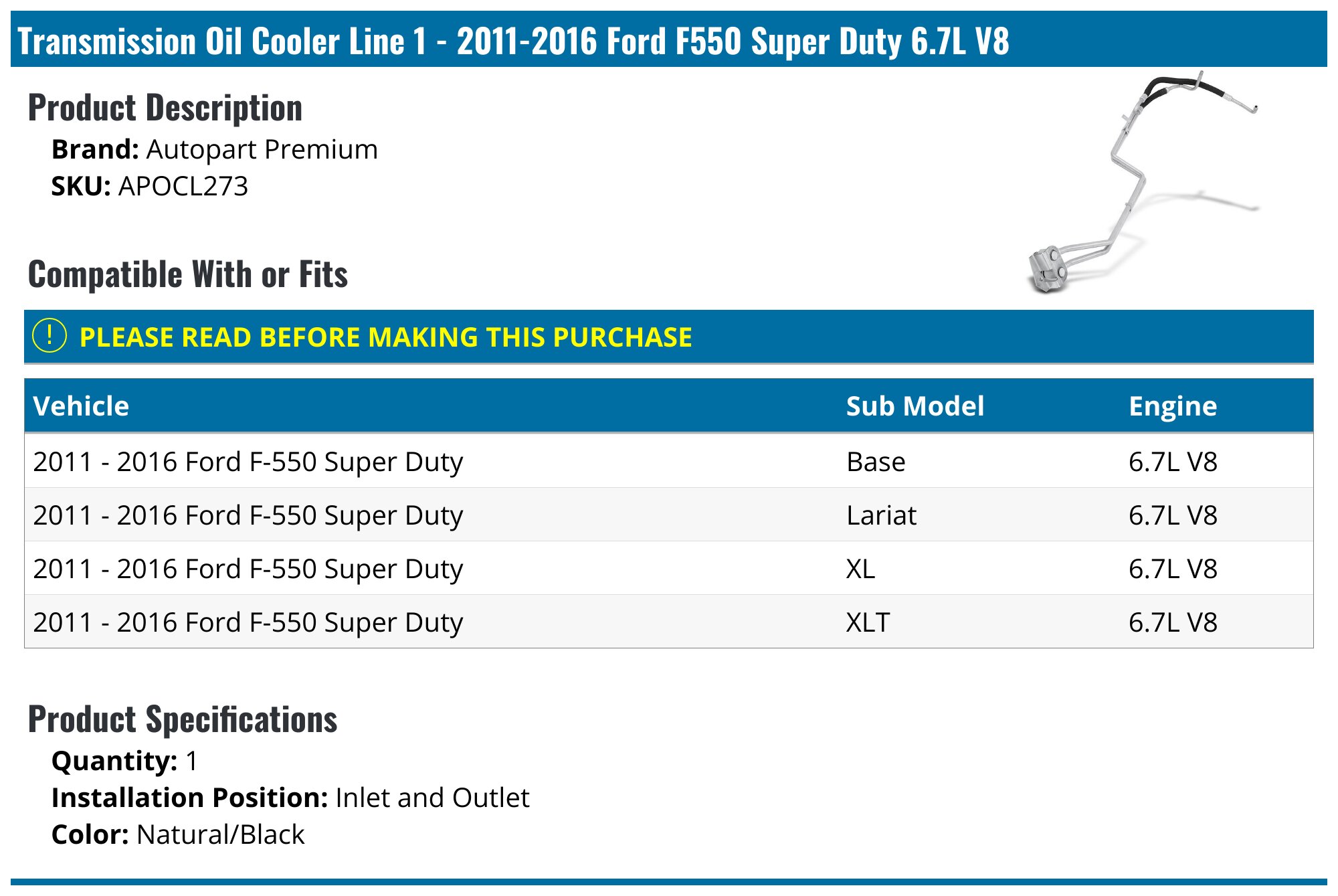 2011-2016 Ford F550 Super Duty Transmission Oil Cooler Line - Autopart ...