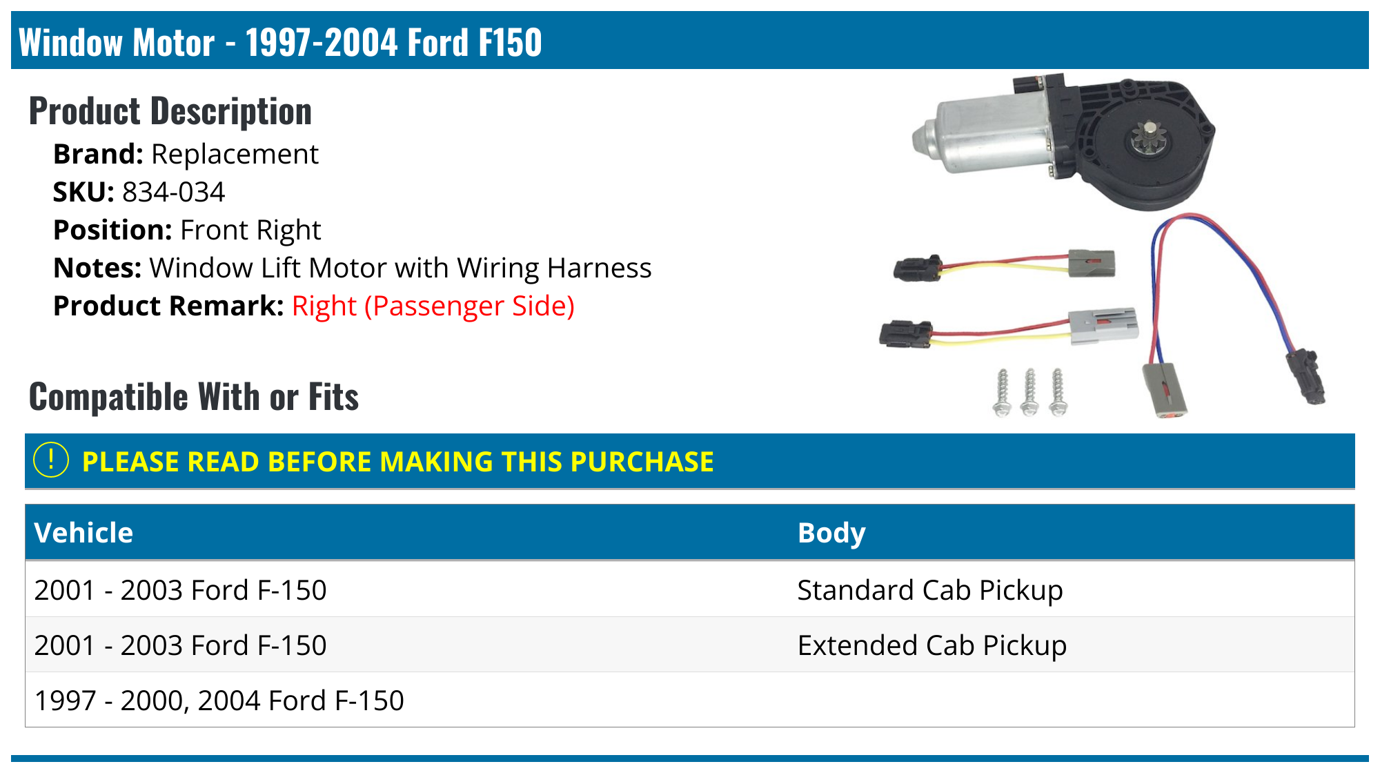 1997-2004 Ford F150 Window Motor - Replacement 834-034 - PartsGeek.com