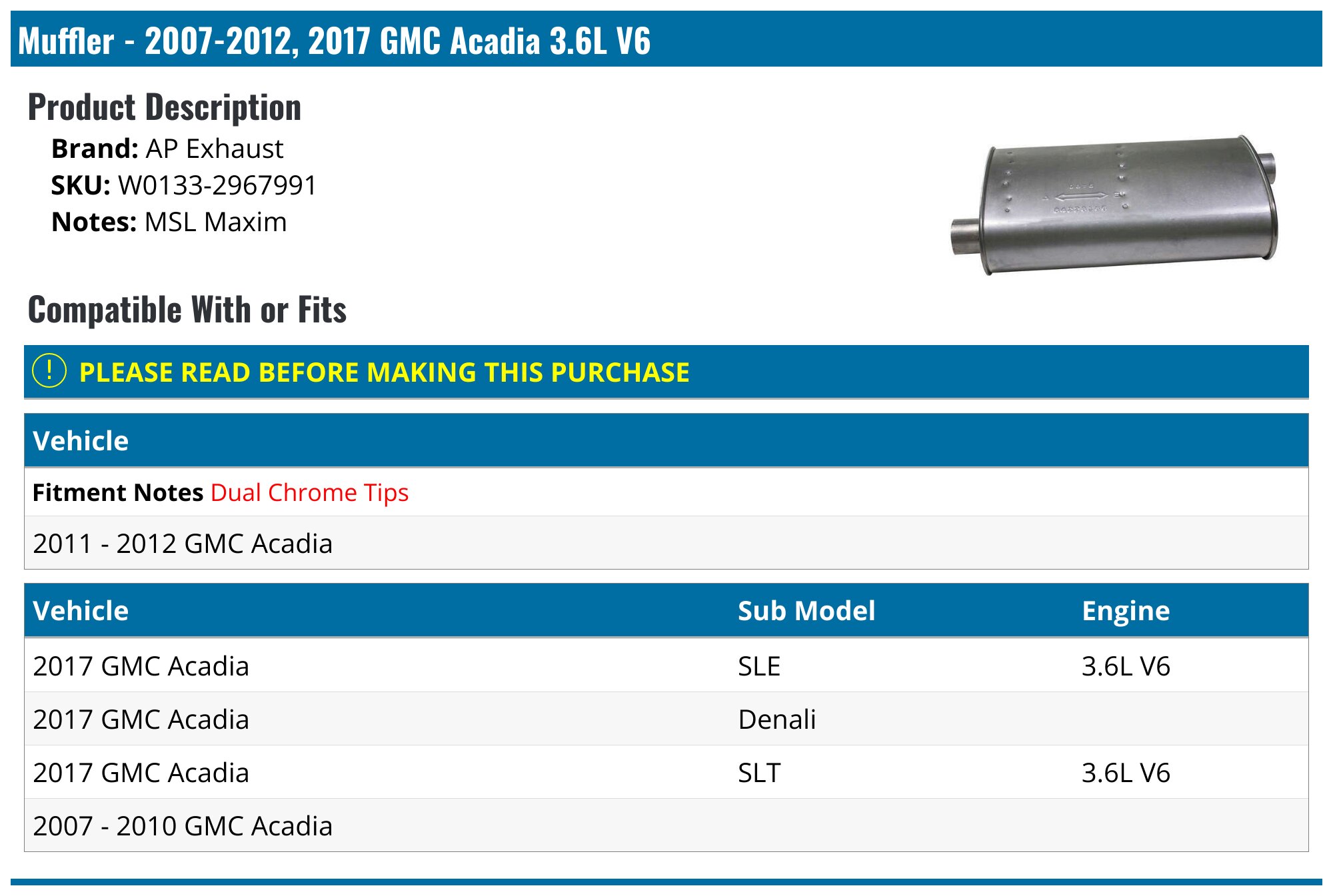 2007-2012, 2017 GMC Acadia Muffler - AP Exhaust W0133-2967991 ...