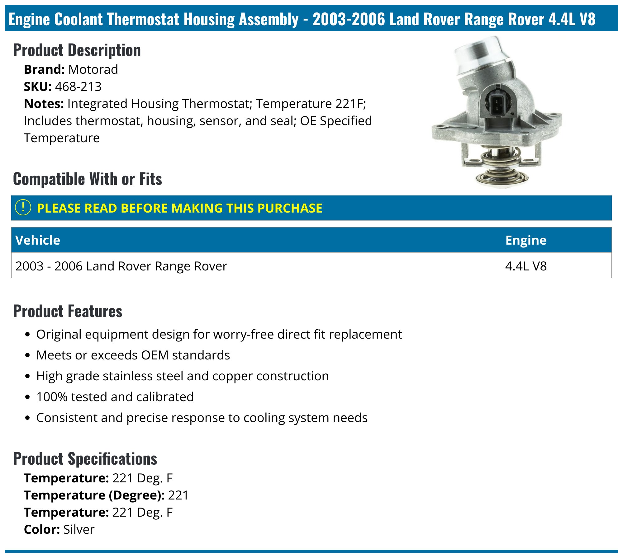 2003-2006 Land Rover Range Rover Thermostat Housing - Motorad 468-213 ...