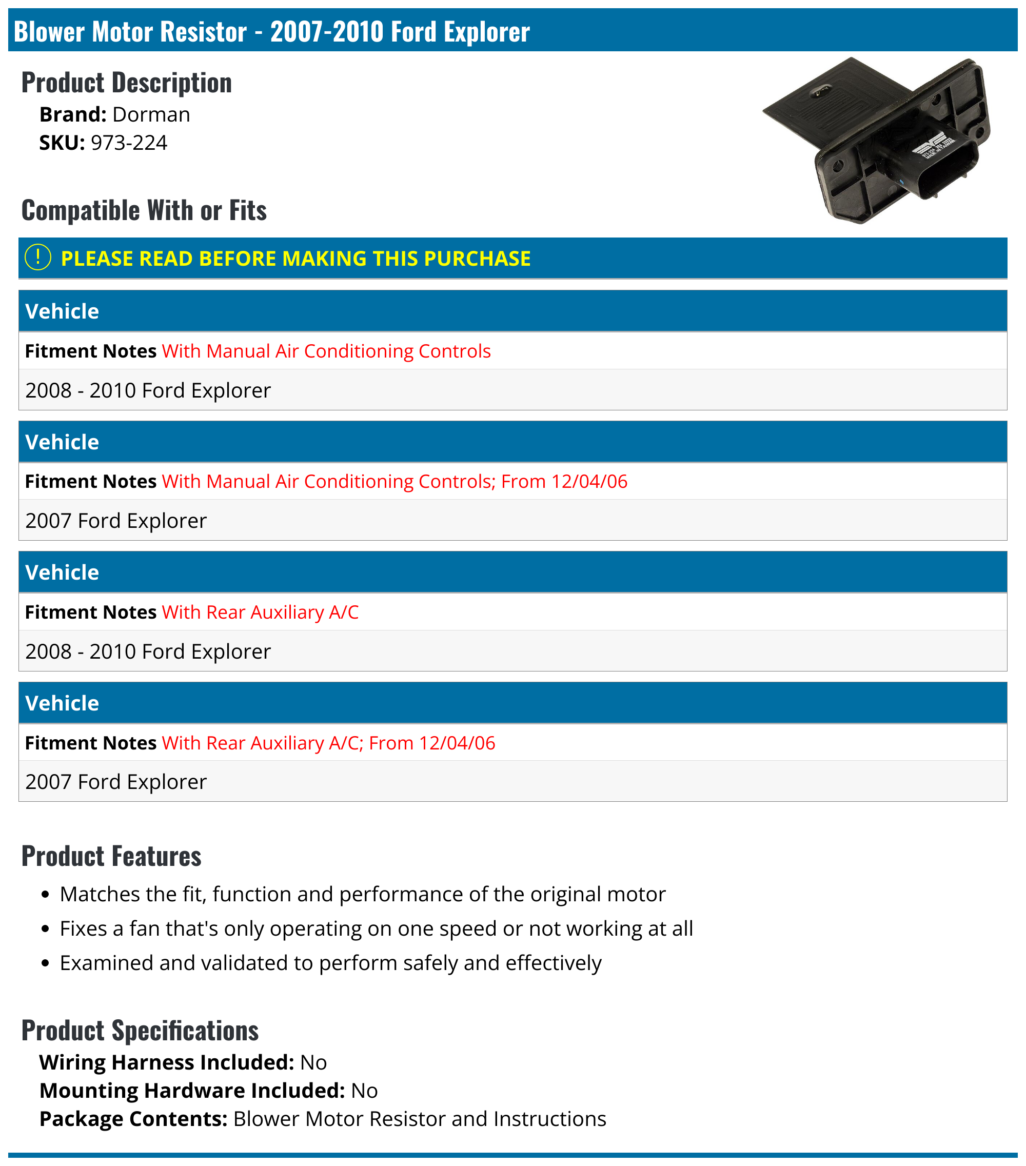 2007-2010 Ford Explorer Blower Motor Resistor - Dorman 973-224 ...