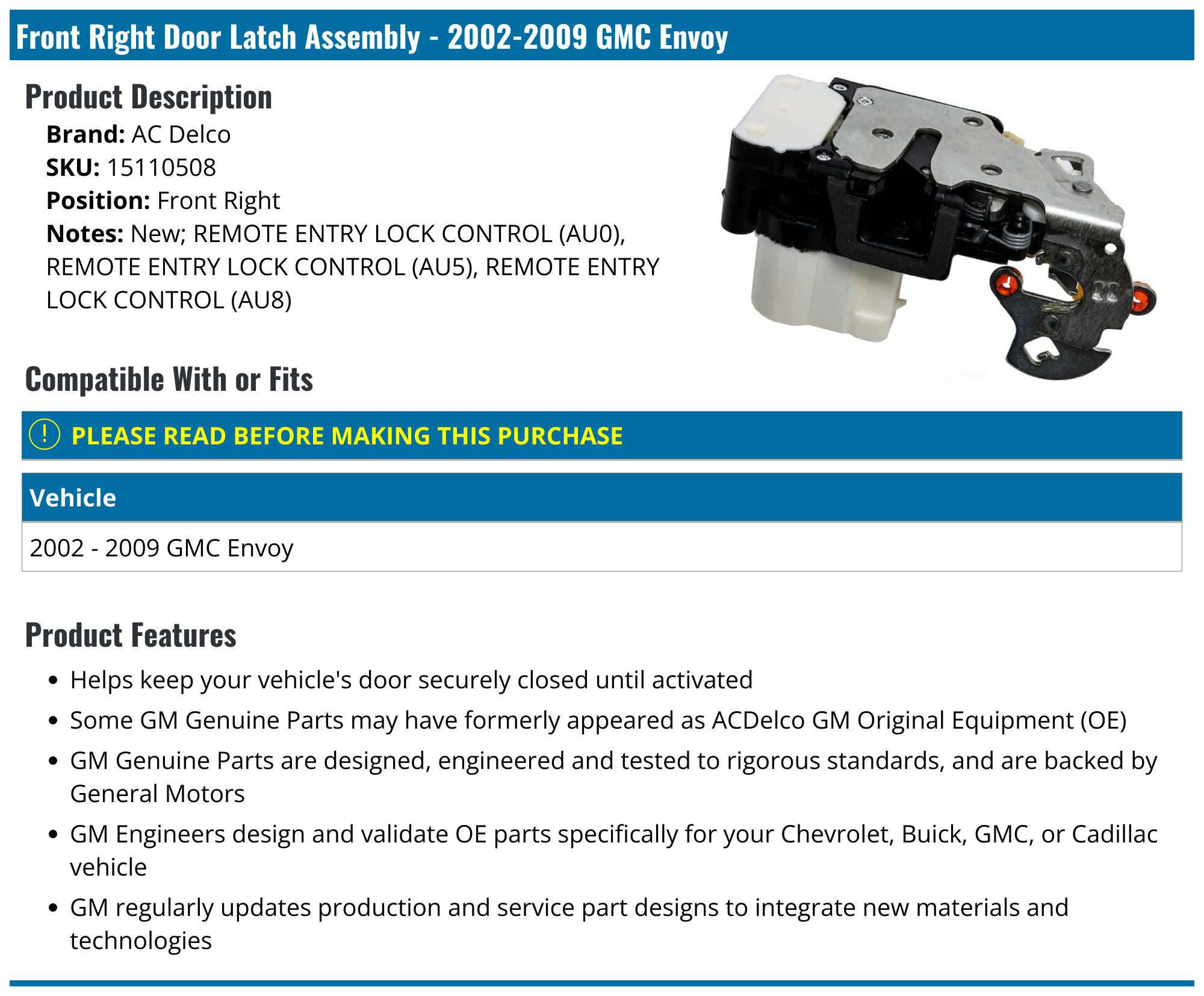 2002-2009 GMC Envoy Door Latch Assembly - AC Delco 15110508 - Front ...