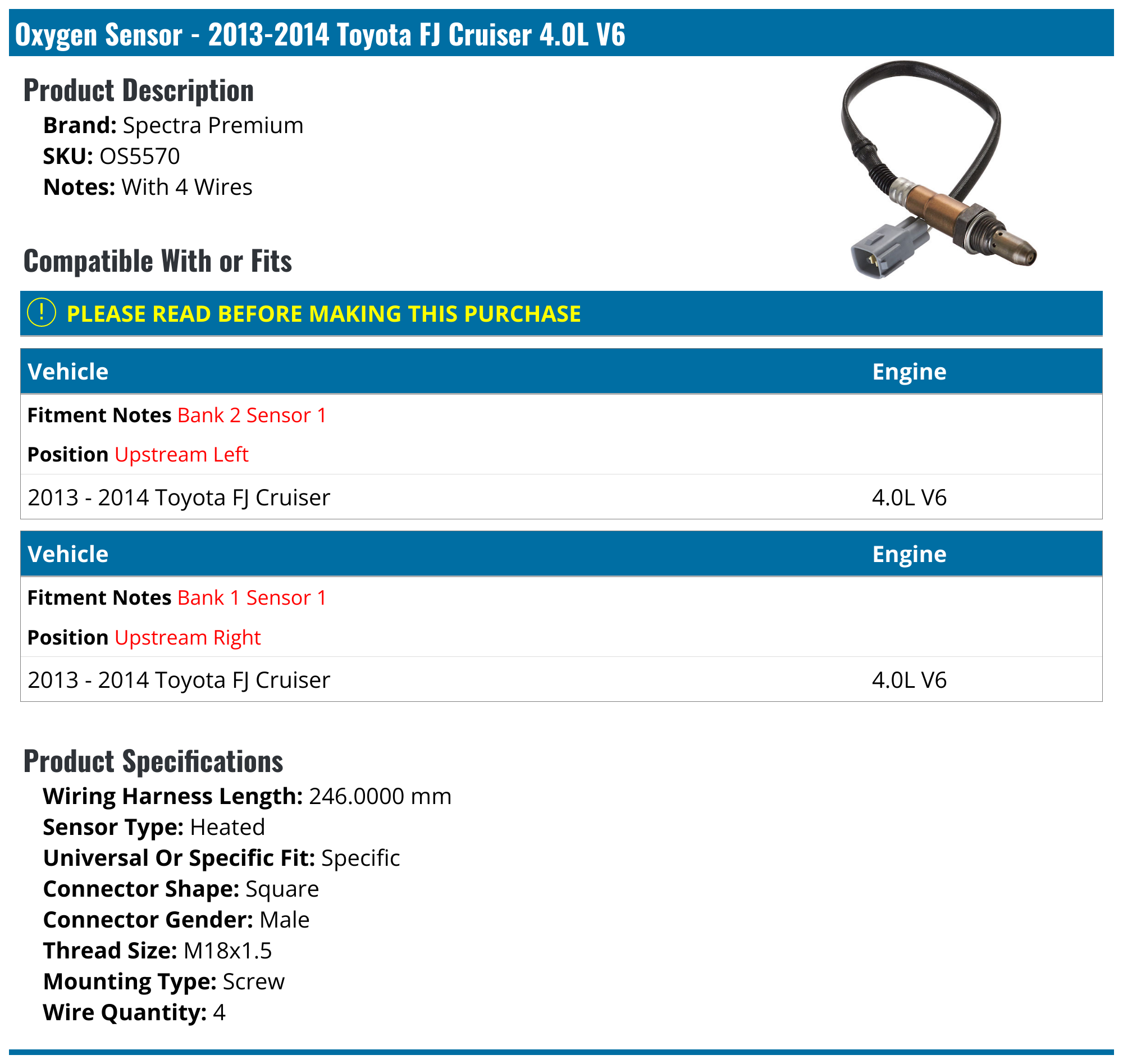 2013-2014 Toyota FJ Cruiser Oxygen Sensor - Spectra Premium OS5570 ...