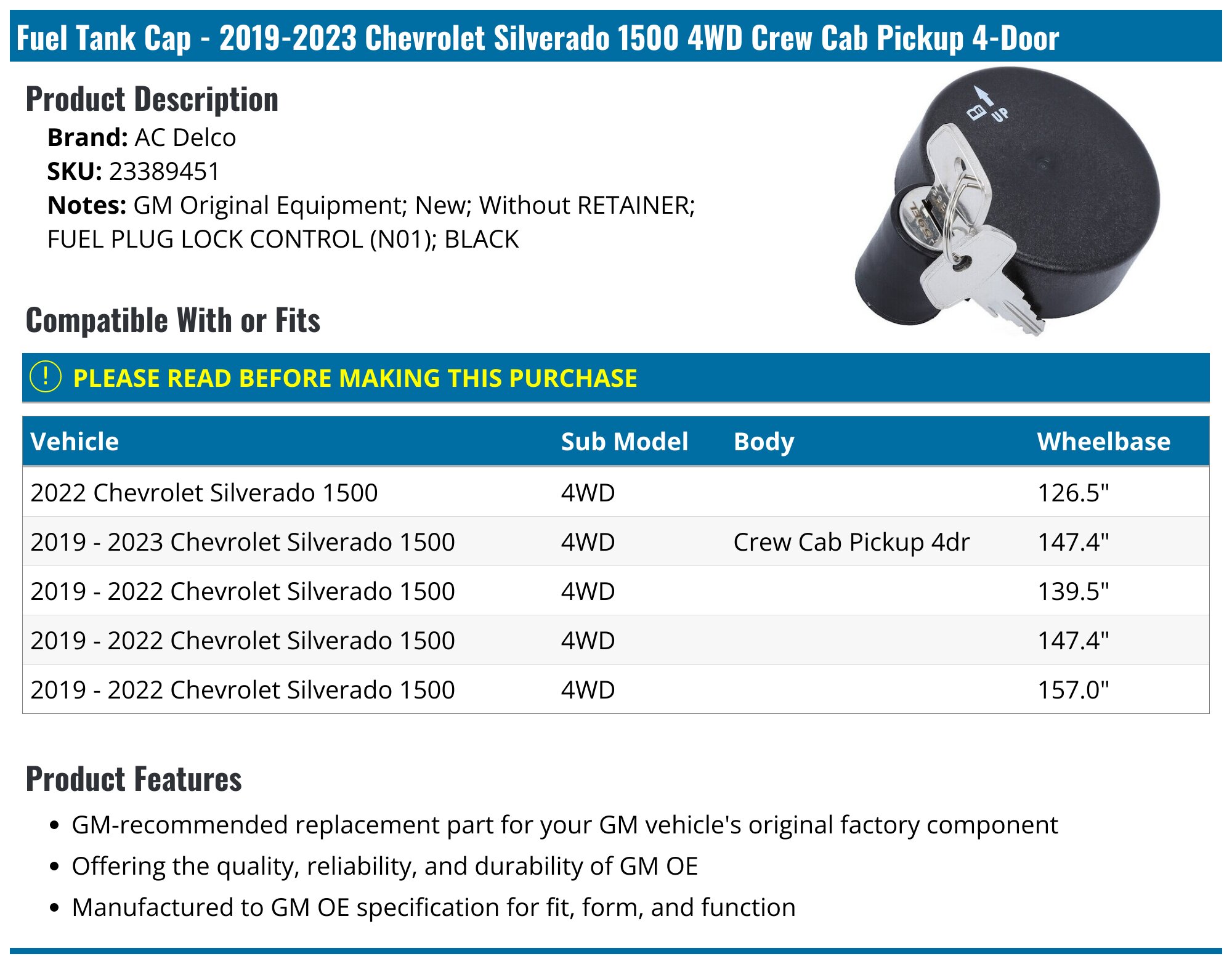 2019-2025 Chevrolet Silverado 1500 Fuel Tank Cap - AC Delco 23389451 ...
