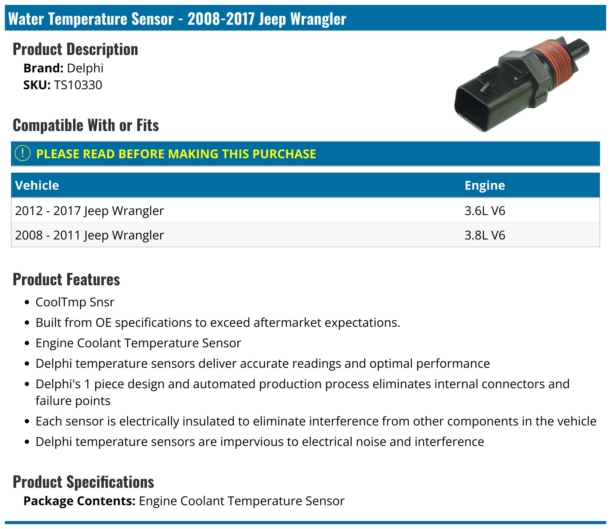 2008-2017 Jeep Wrangler Water Temperature Sensor - Delphi TS10330 ...
