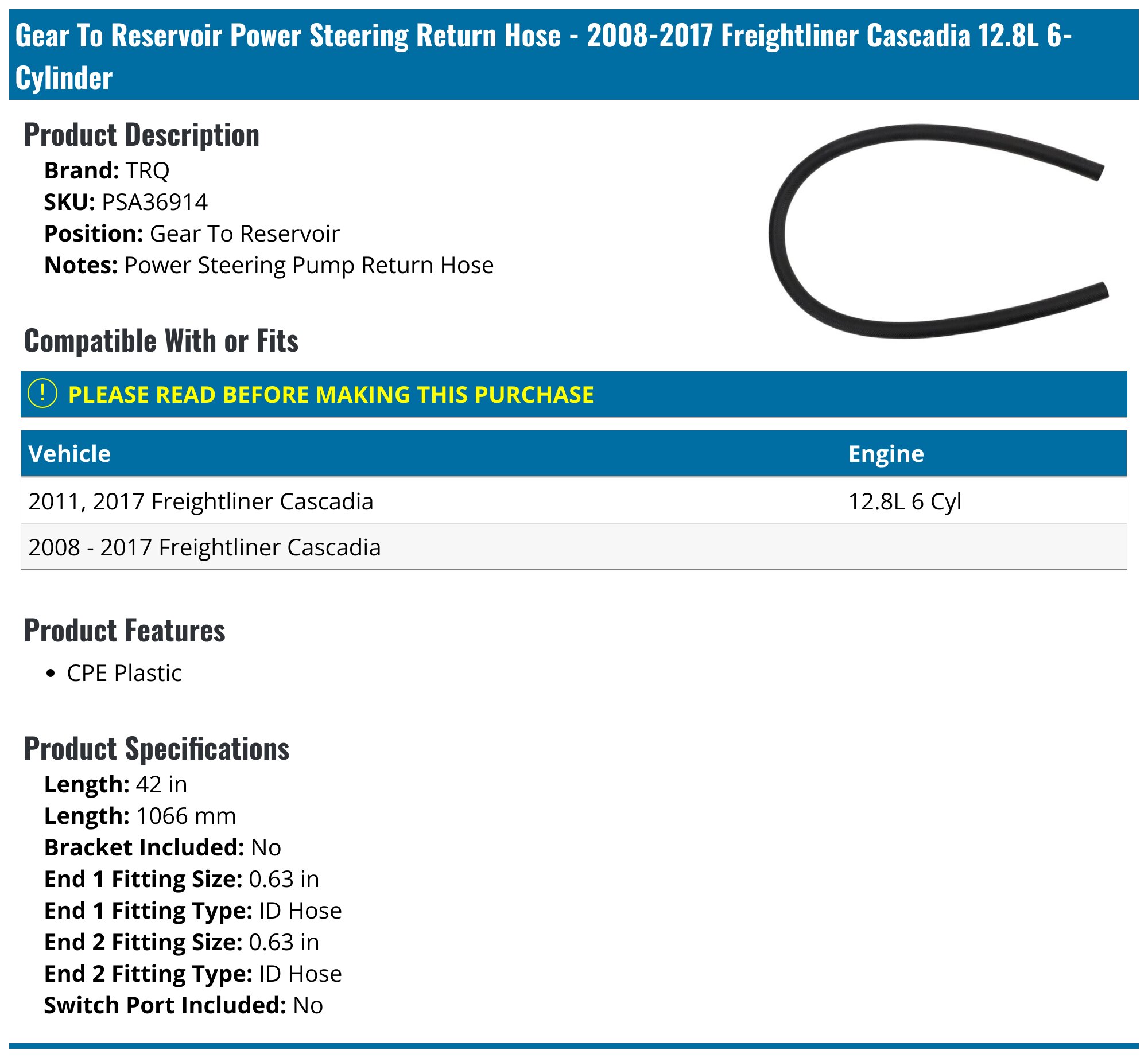 2008-2017 Freightliner Cascadia Power Steering Return Hose - TRQ ...