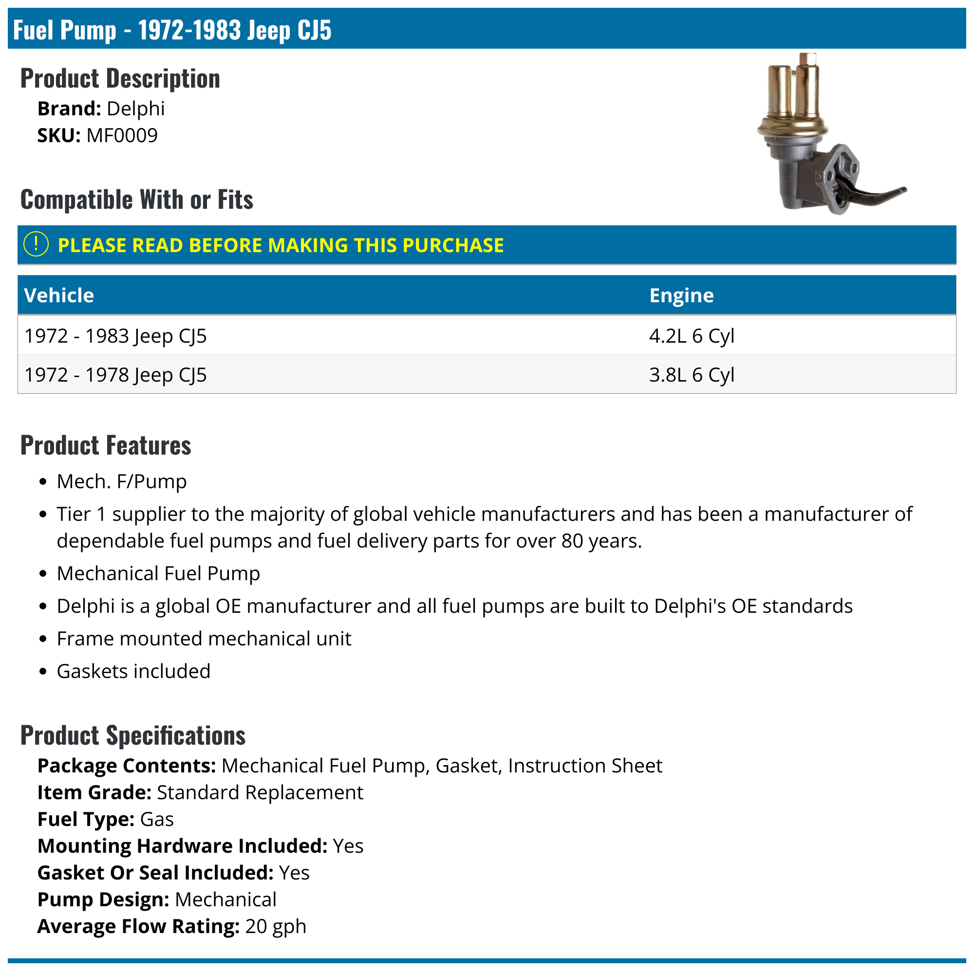1972-1983 Jeep CJ5 Fuel Pump - Delphi MF0009 - - PartsGeek.com
