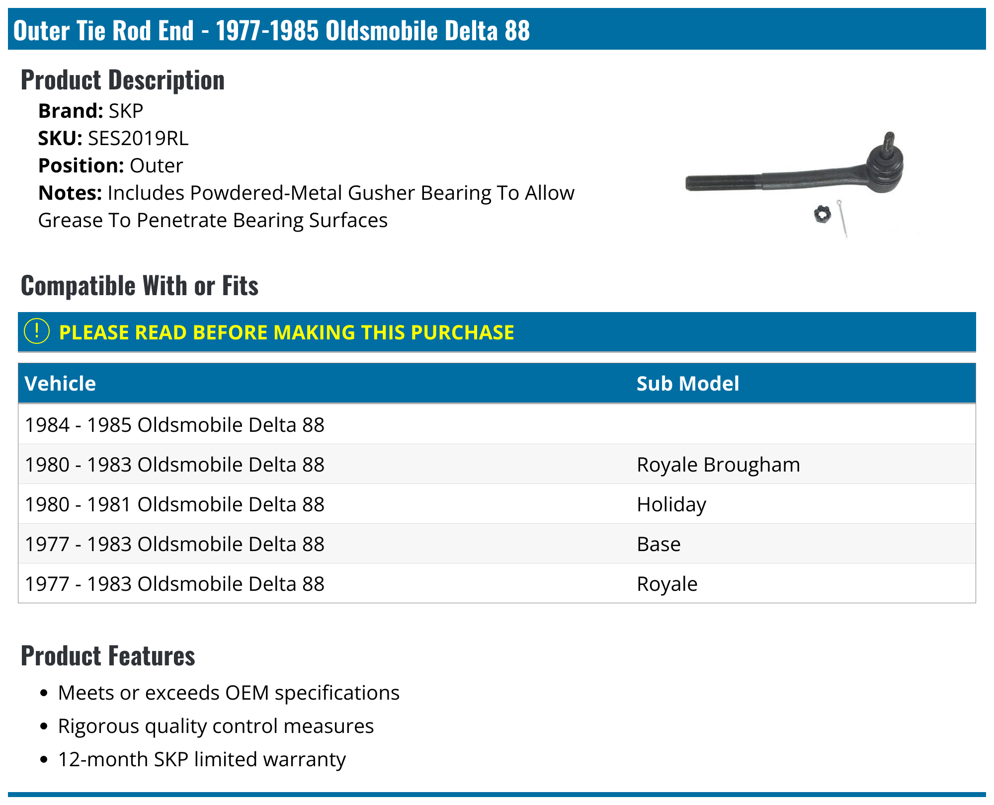 1977-1985 Oldsmobile Delta 88 Tie Rod End - SKP SES2019RL - Front Outer ...