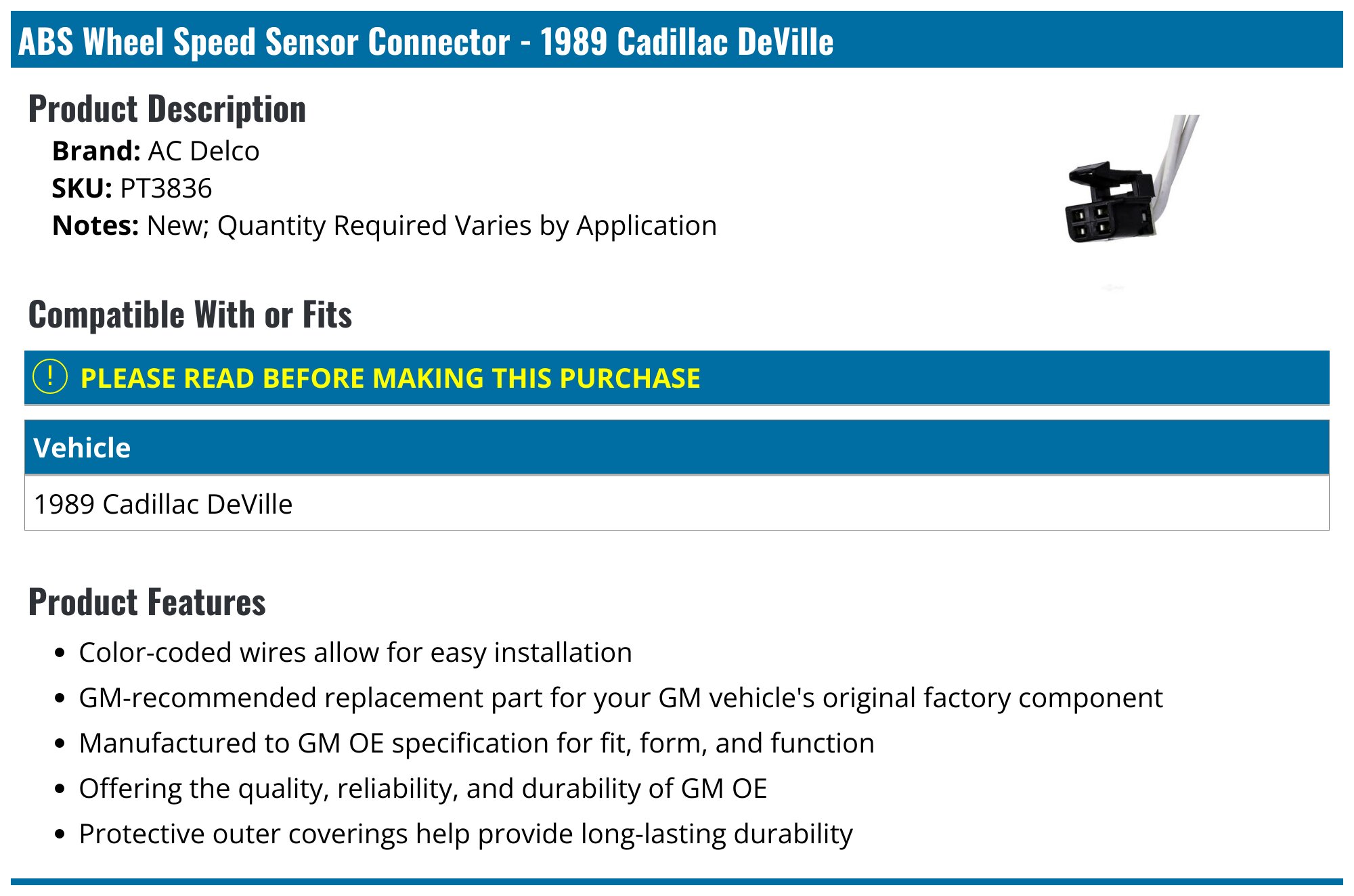 1989 Cadillac DeVille ABS Wheel Speed Sensor Connector - AC Delco ...