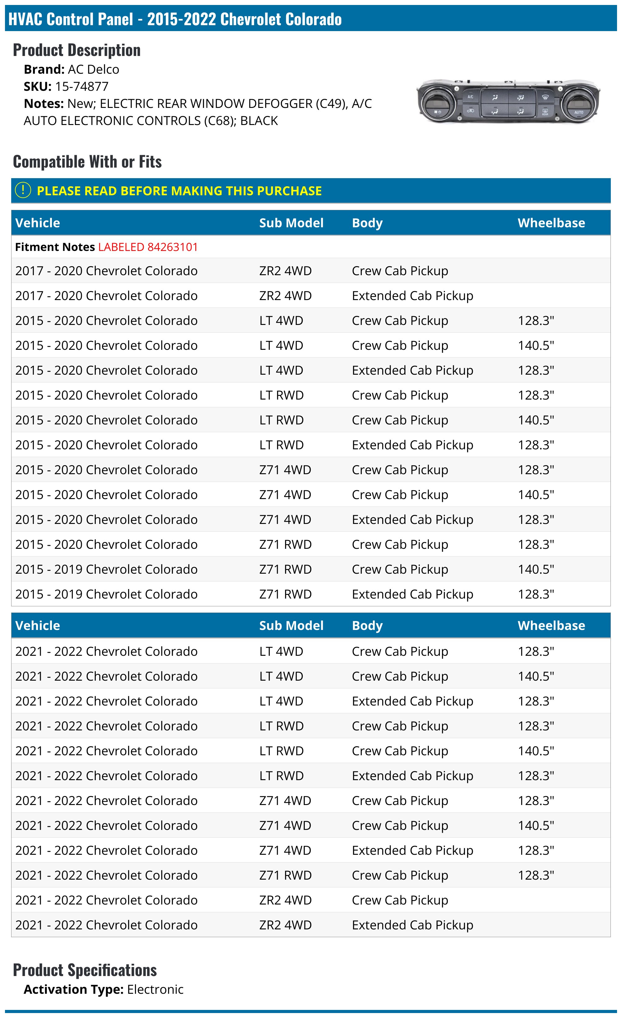 2015-2022 Chevrolet Colorado HVAC Temperature Control Panel - AC Delco ...