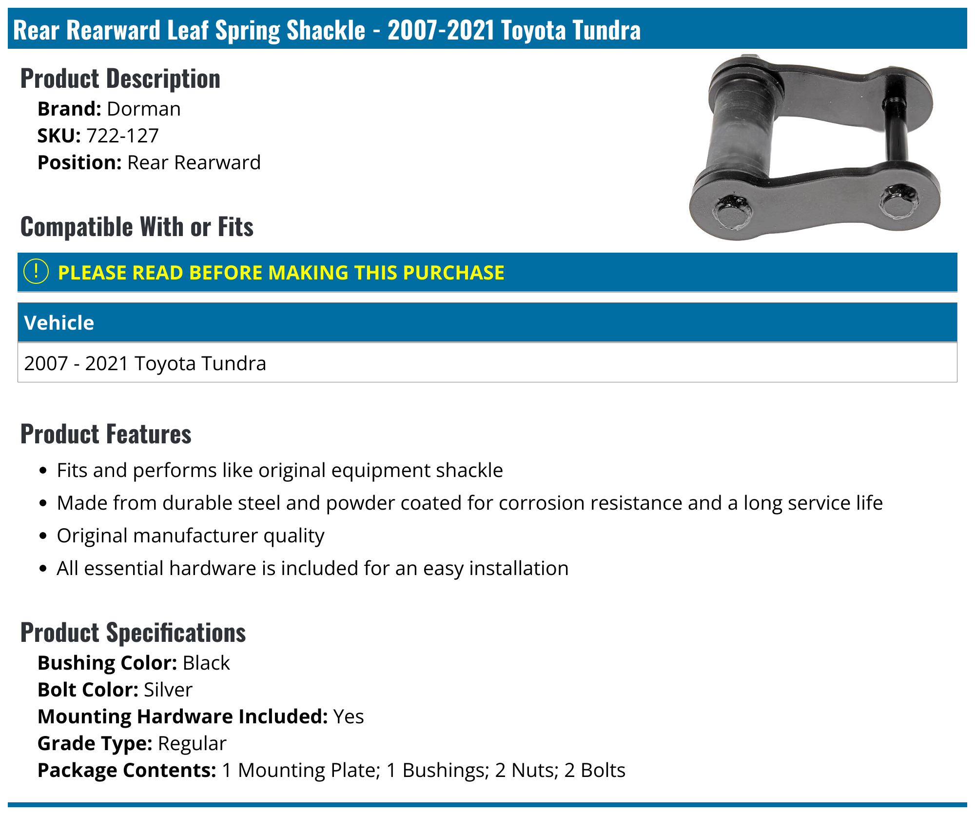 2007-2021 Toyota Tundra Leaf Spring Shackle - Dorman 722-127 - Rear ...