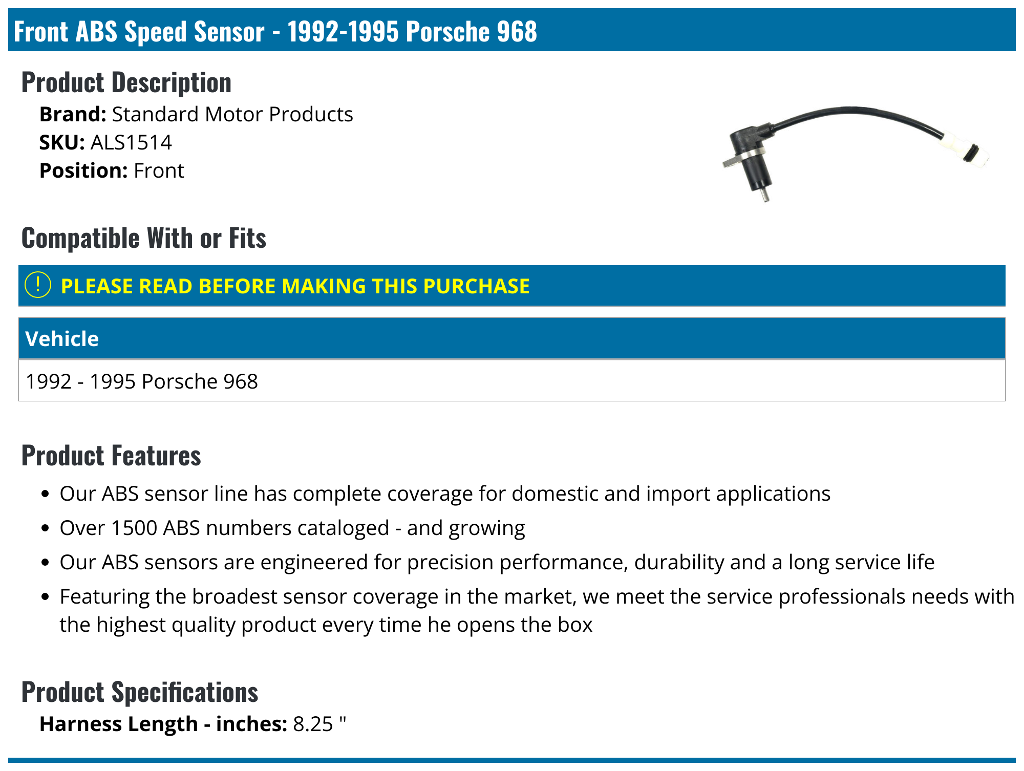 1992-1995 Porsche 968 ABS Speed Sensor - Standard Motor Products ...
