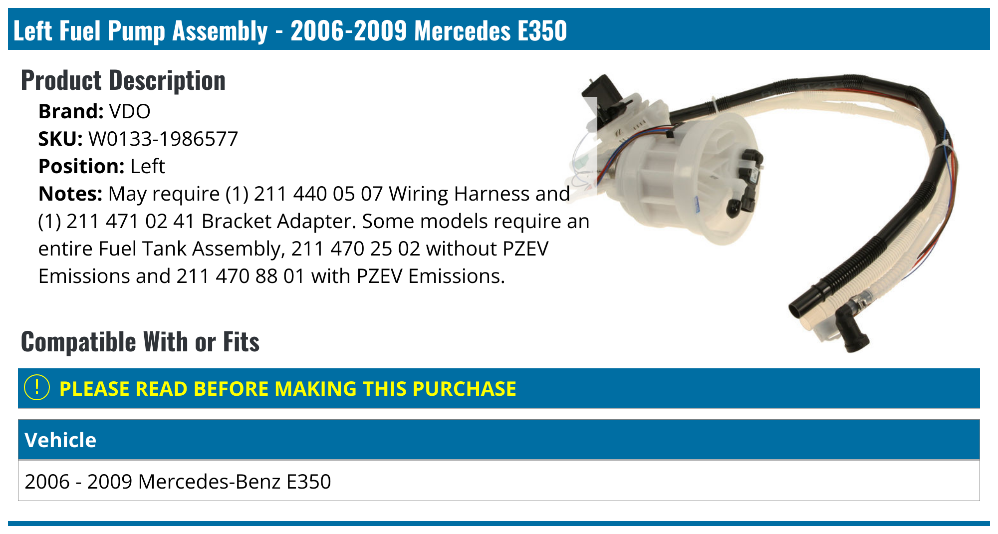 2006-2009 Mercedes E350 Fuel Pump - VDO W0133-1986577 - Left ...