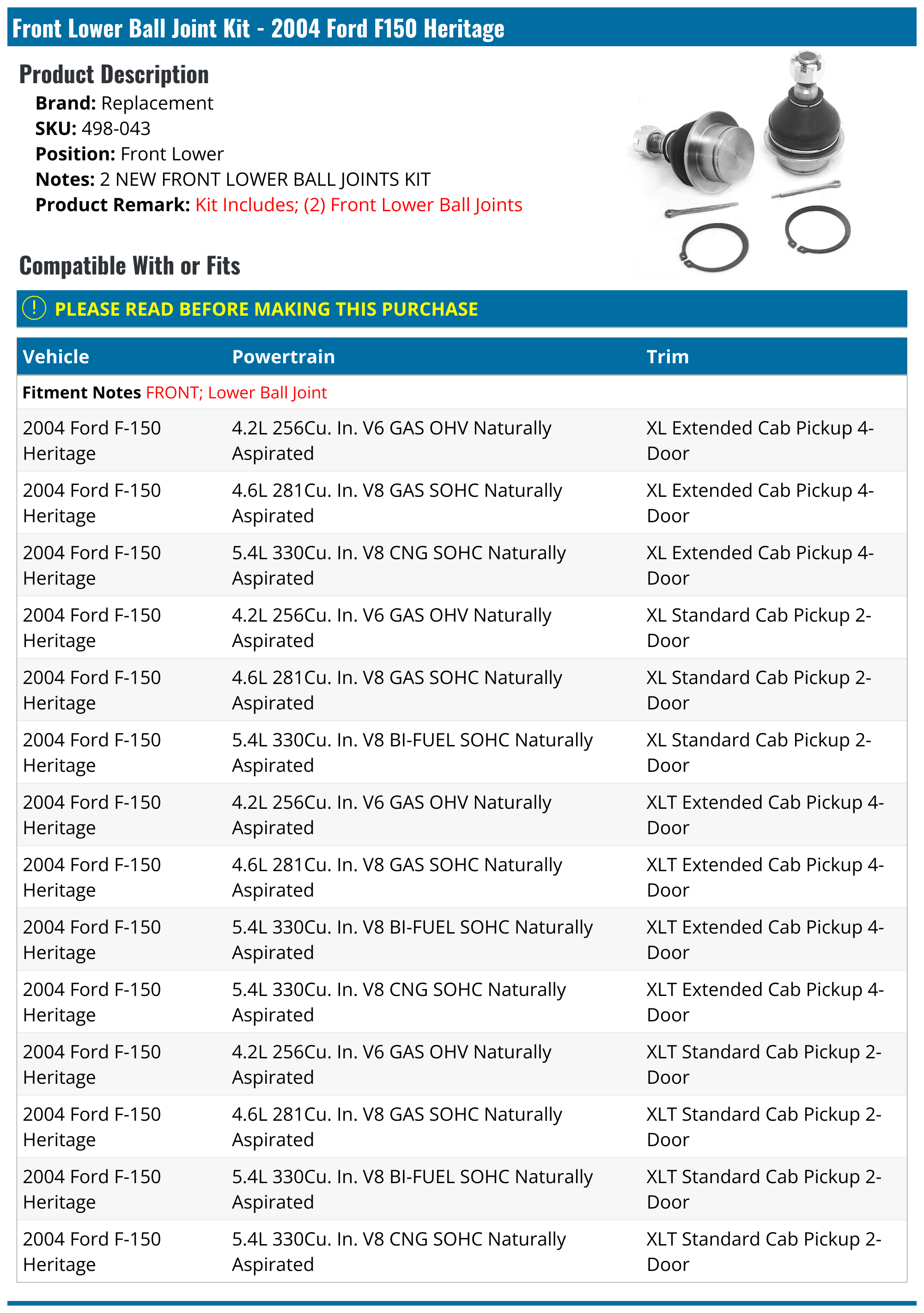 2004 Ford F150 Heritage Ball Joint - Replacement 498-043 - Front Lower ...