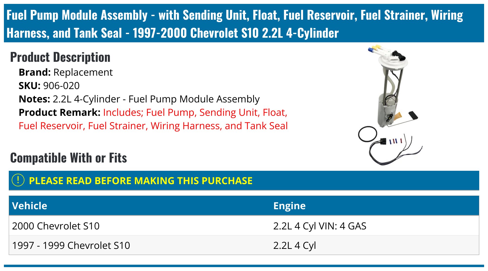 1997-2000 Chevrolet S10 Fuel Pump - Replacement 906-020 - PartsGeek.com