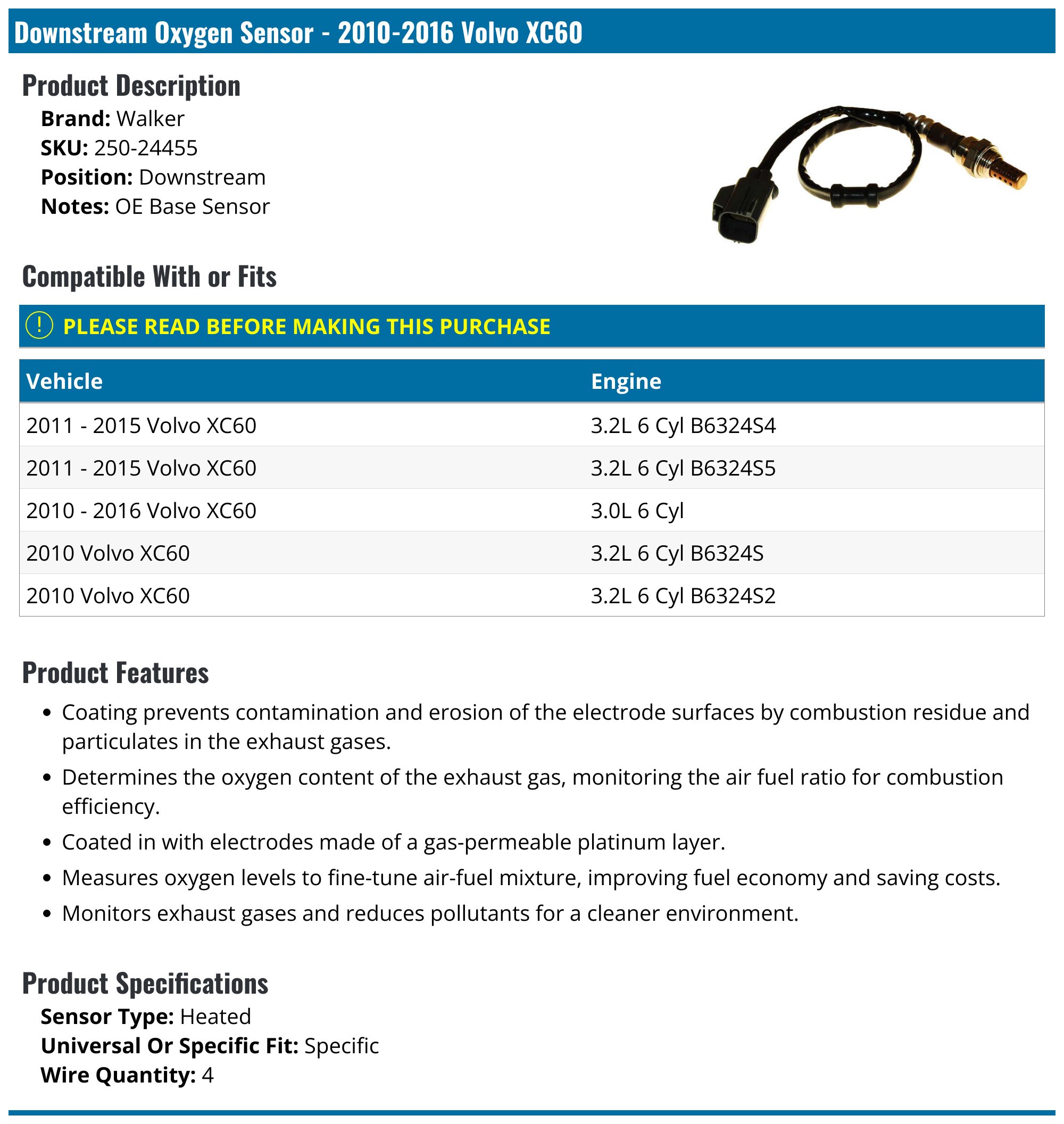 2010-2016 Volvo XC60 Oxygen Sensor - Walker 250-24455 - Downstream ...