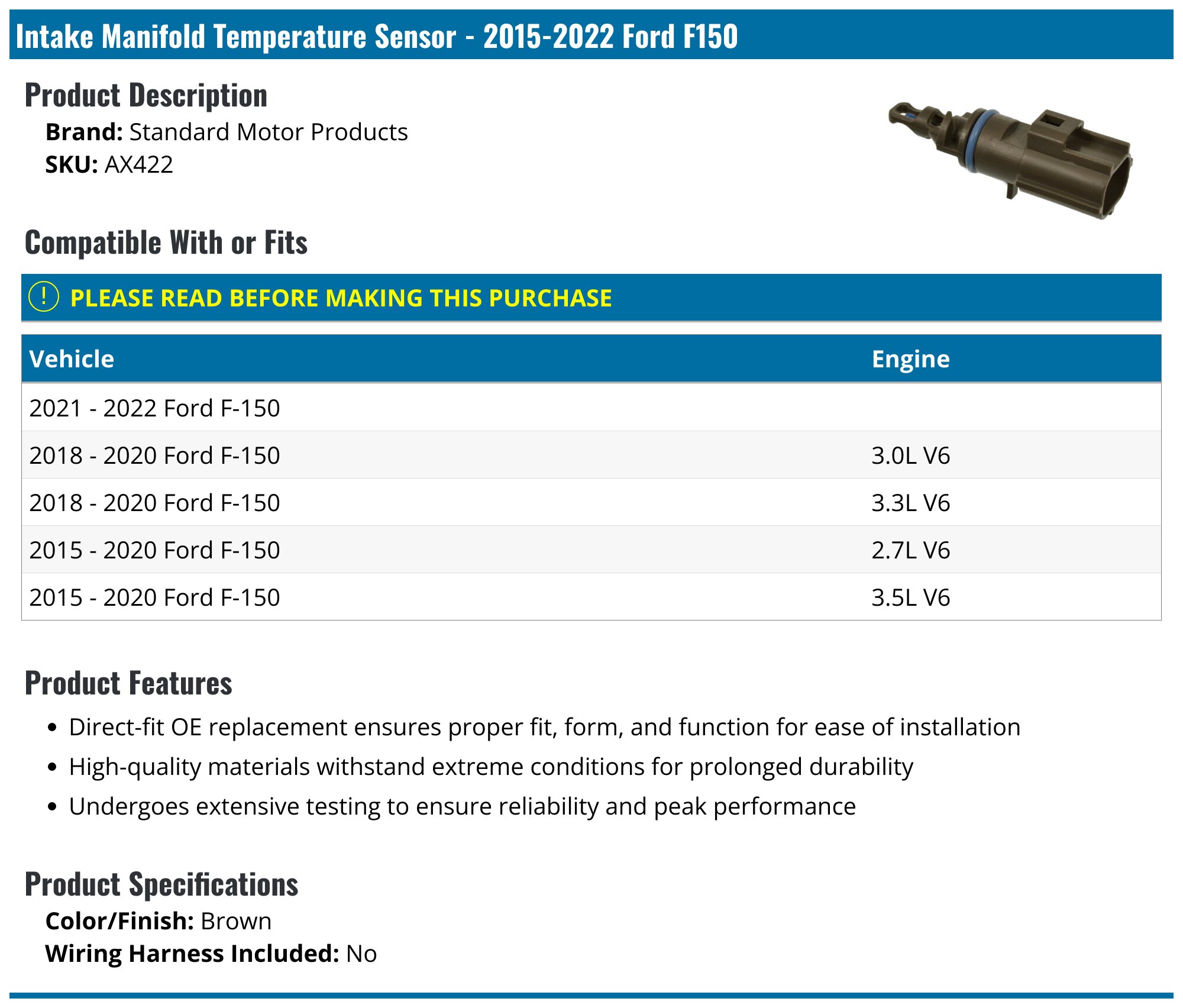 2015-2022 Ford F150 Intake Manifold Temperature Sensor - Standard Motor ...