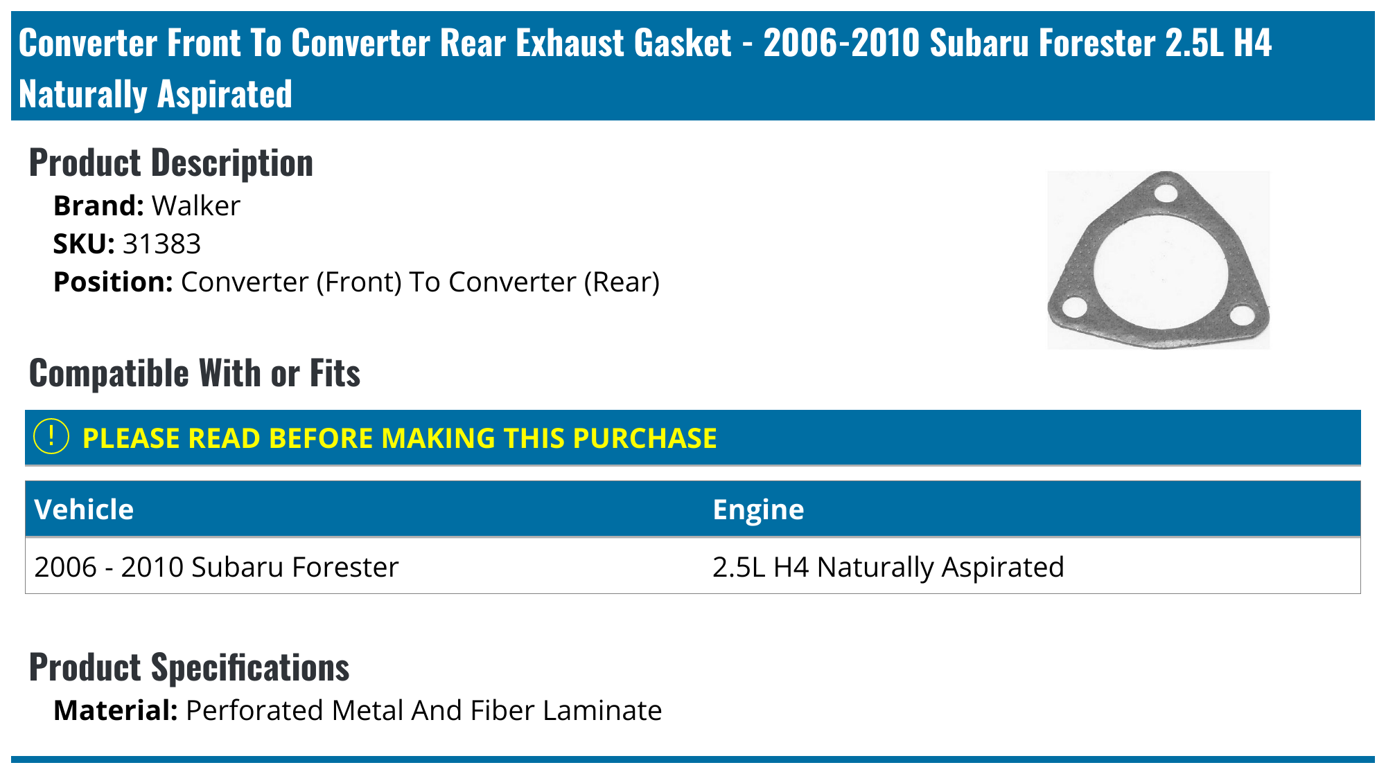 2006-2010 Subaru Forester Exhaust Gasket - Walker 31383 - Converter ...
