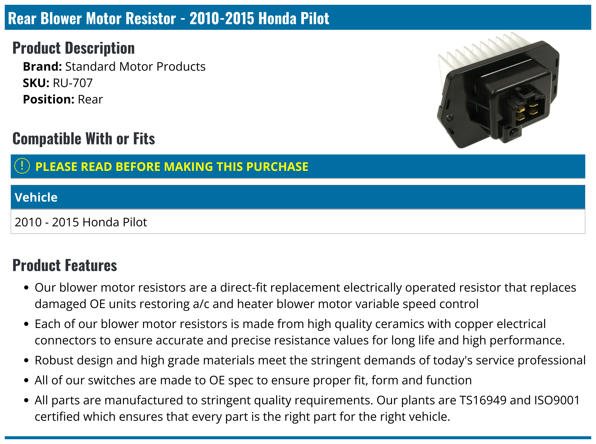 2010-2015 Honda Pilot Blower Motor Resistor - Standard Motor Products ...