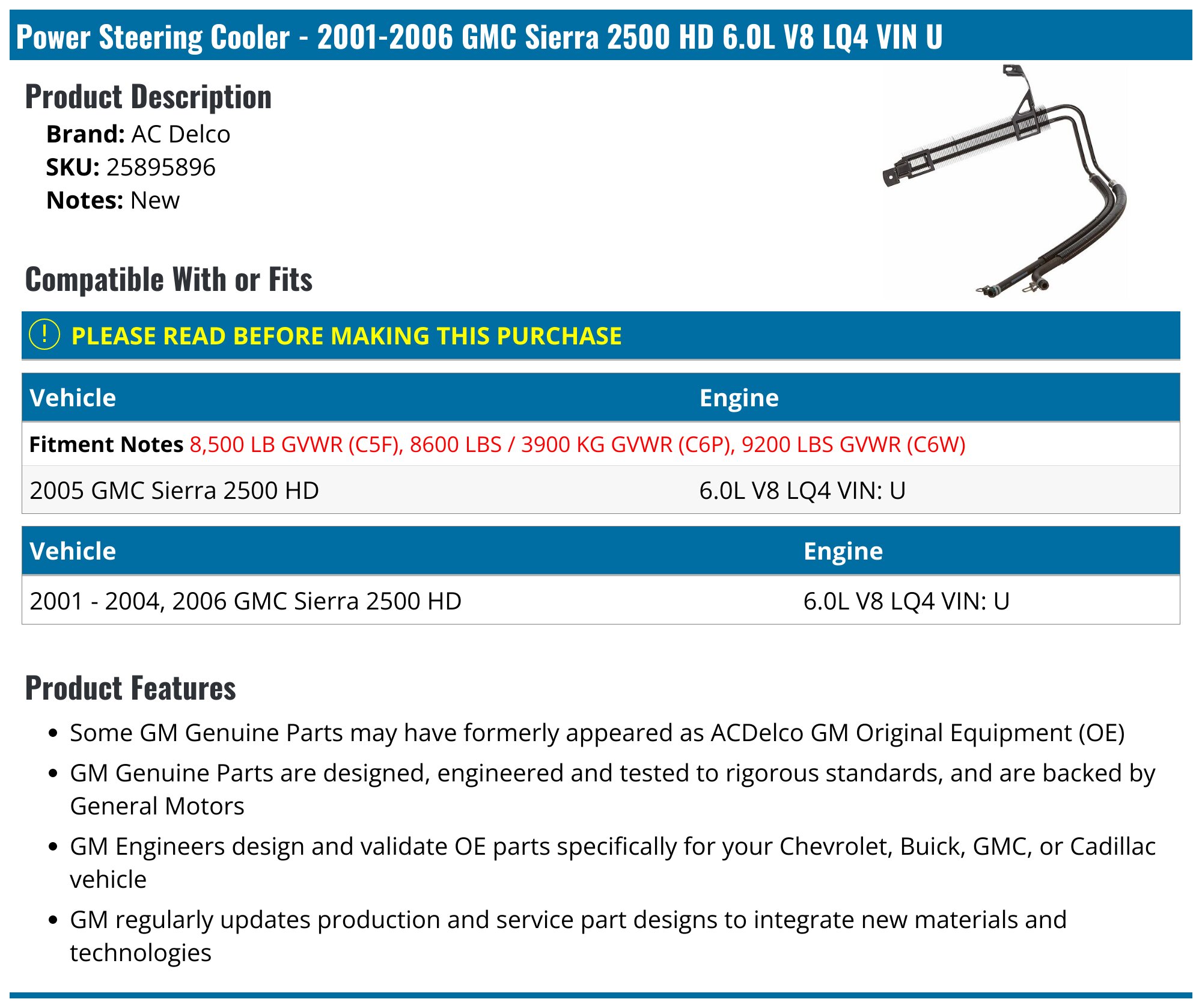 2001-2006 GMC Sierra 2500 HD Power Steering Cooler - AC Delco 25895896 ...