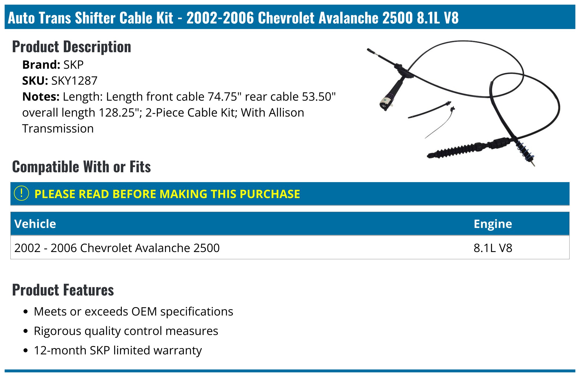 2002-2006 Chevrolet Avalanche 2500 Auto Trans Shifter Cable Kit - SKP ...