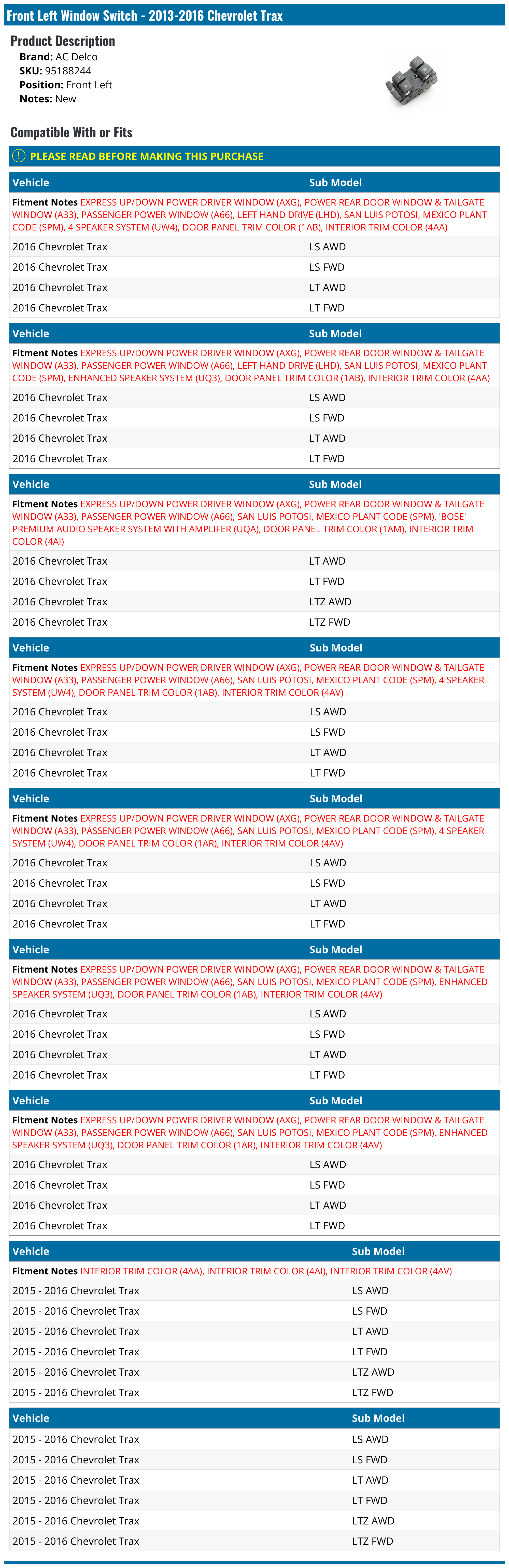 2013-2016 Chevrolet Trax Window Switch - AC Delco 95188244 - Front Left ...