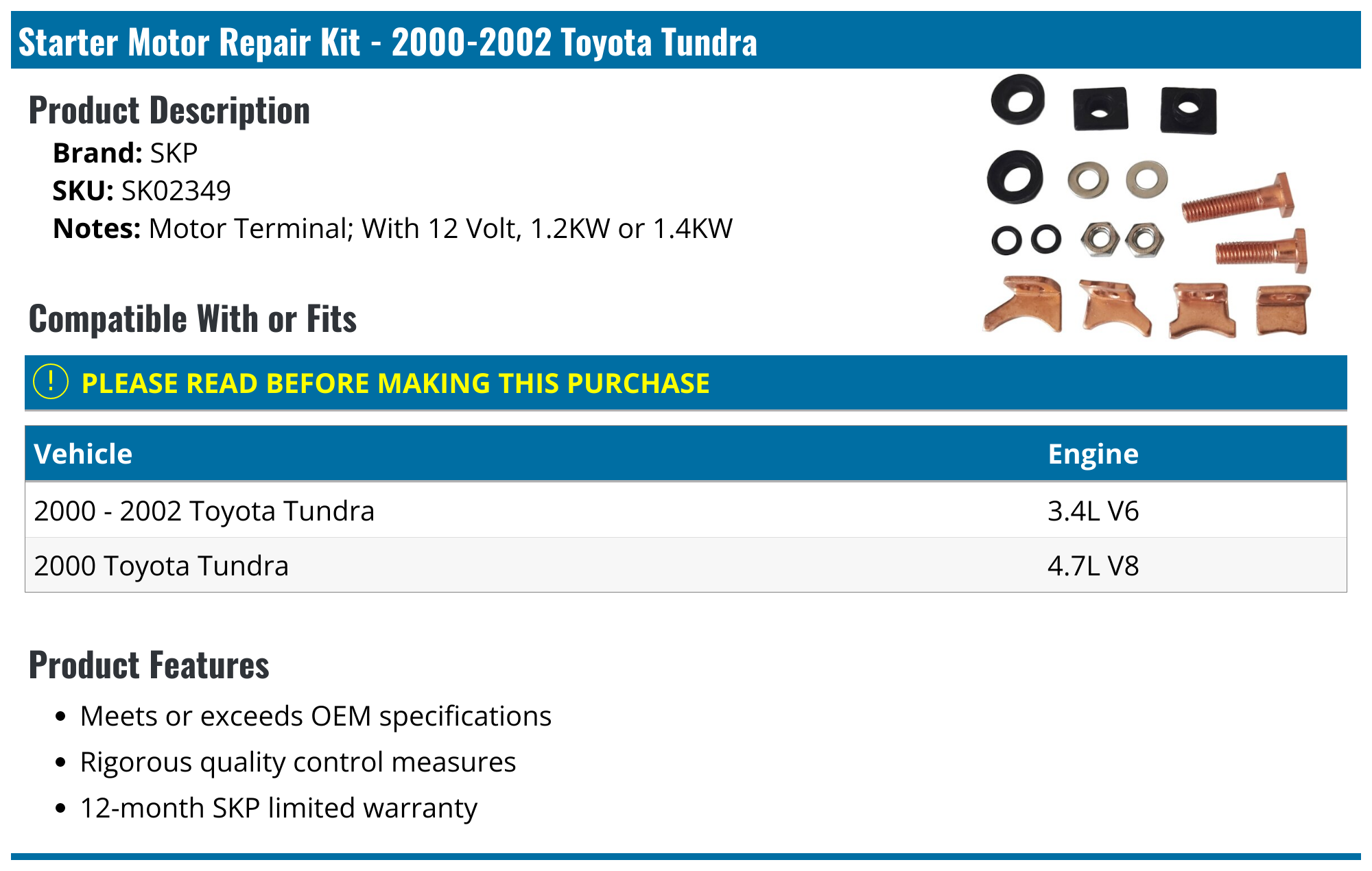 2000-2002 Toyota Tundra Starter Motor Repair Kit - SKP SK02349 ...