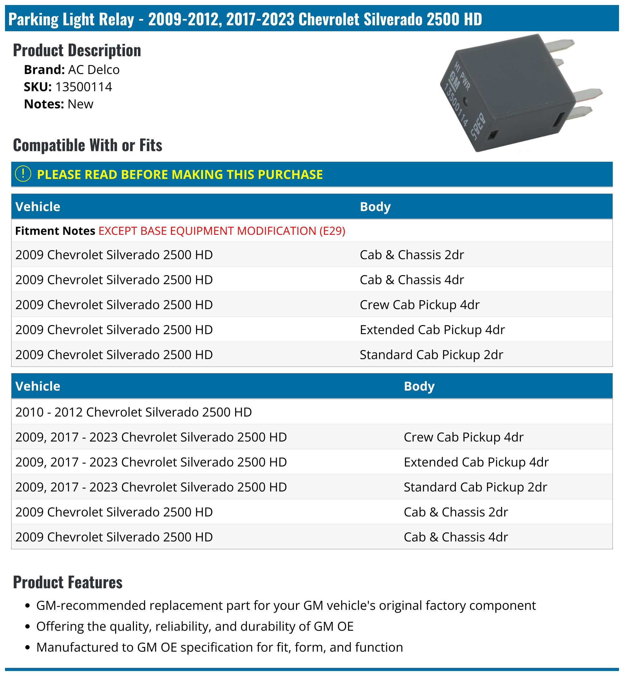 2009-2012, 2017-2023 Chevrolet Silverado 2500 HD Parking Light Relay ...